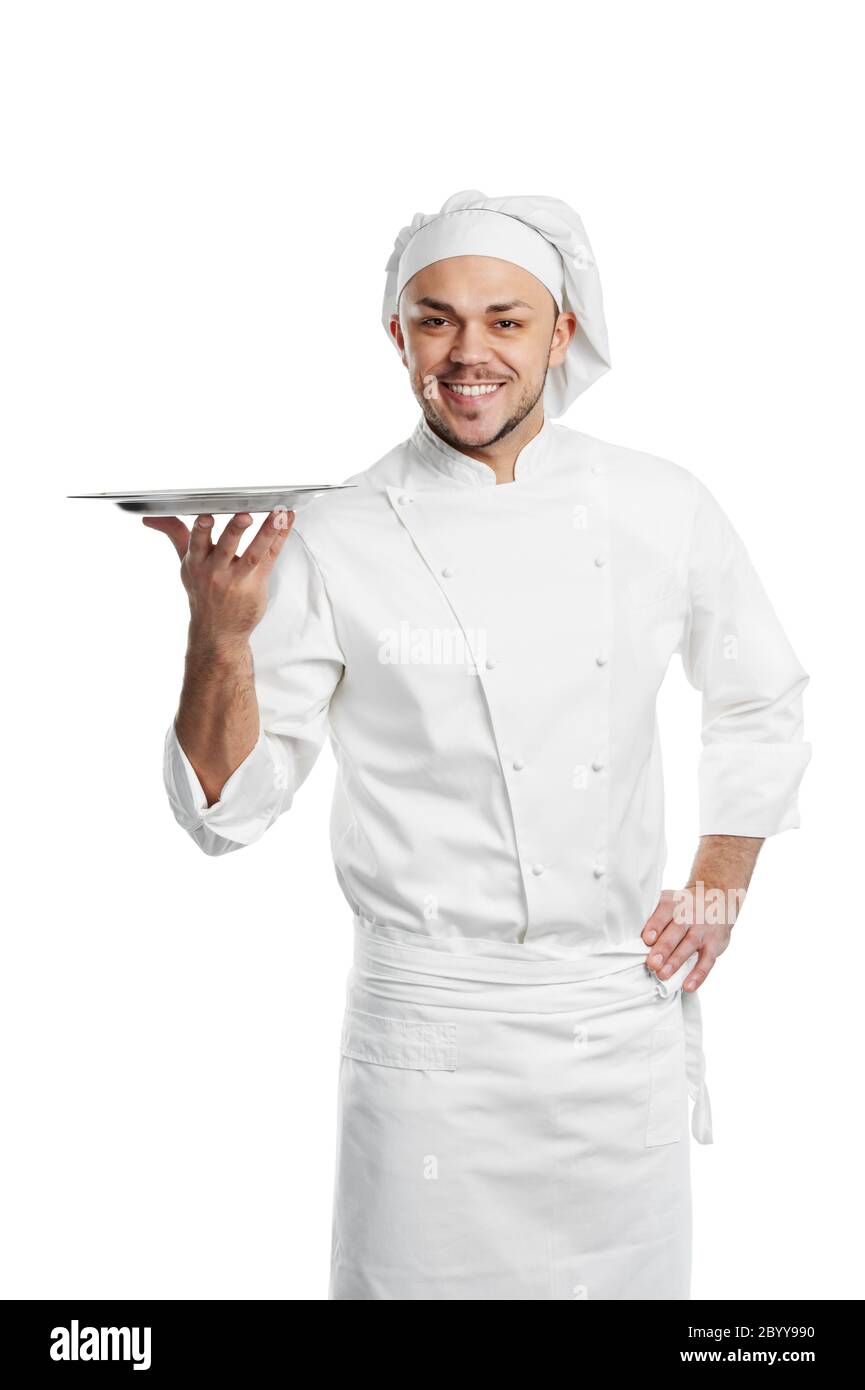 happy chef with tray isolated Stock Photo - Alamy