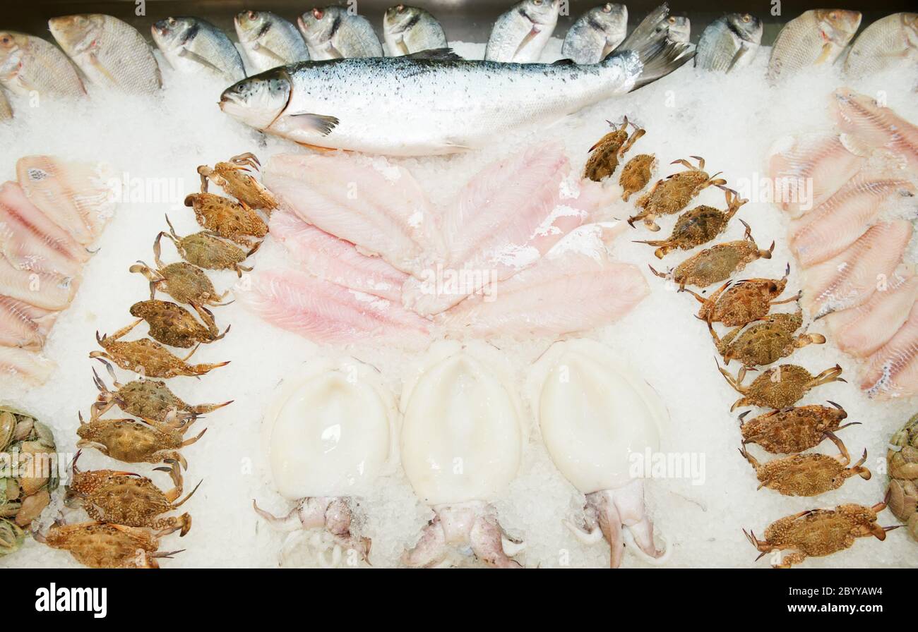 set of fresh frozen seafood Stock Photo - Alamy