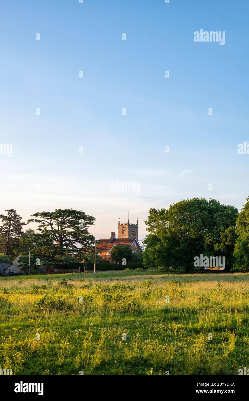 Combe village with St Laurence church tower in the early morning at ...