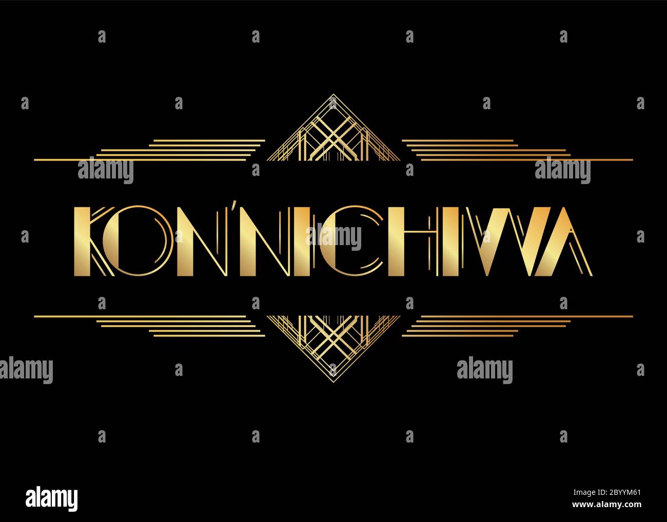 Art Deco Kon'nichiwa (Japanese, Hello in Japan) text. Decorative ...