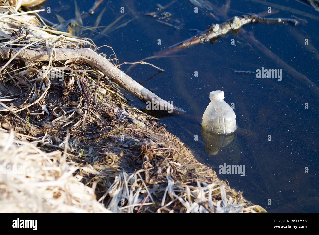Bottle floating in a pond Stock Photo - Alamy