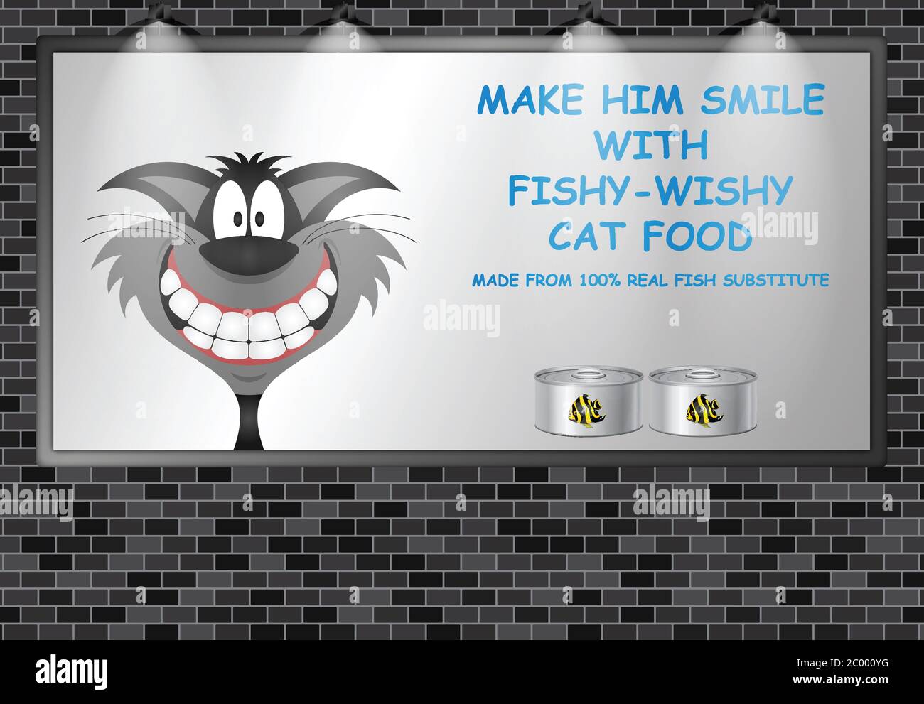 Illuminated advertising billboard with comical made up brand cat food ...