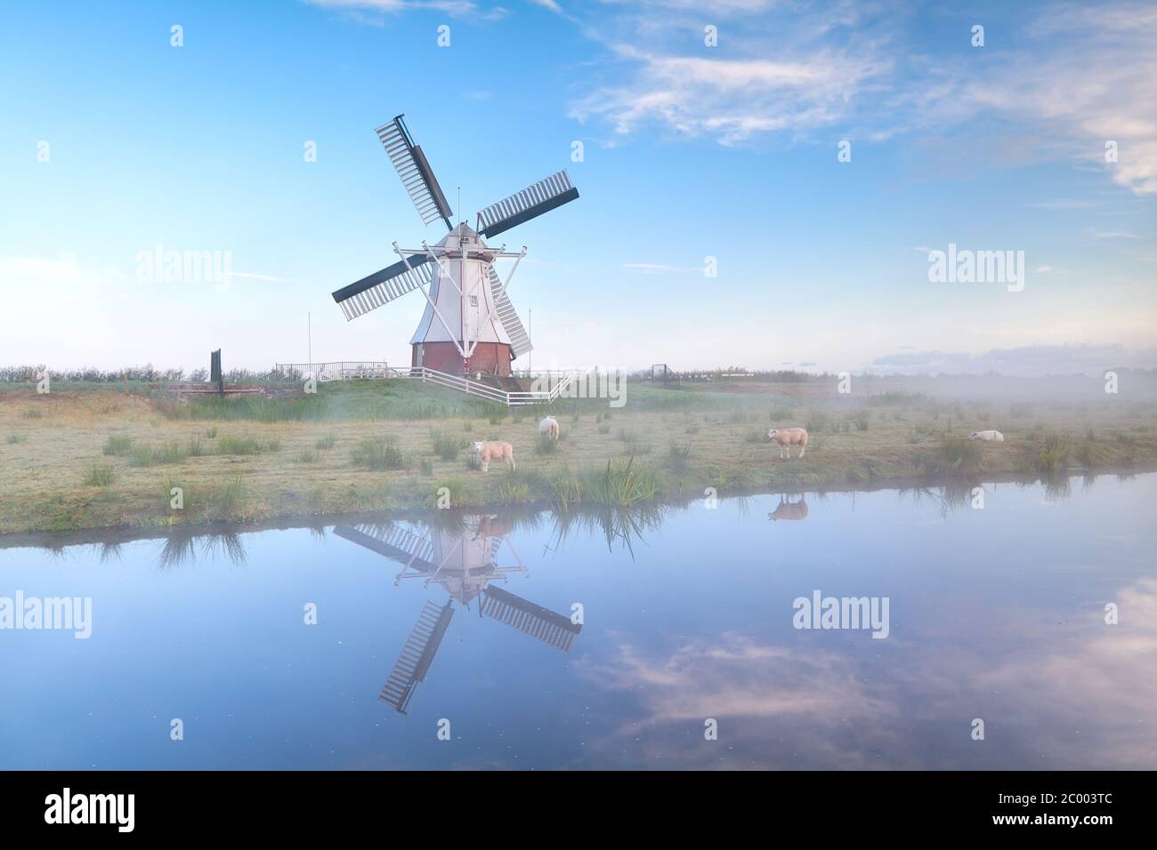 Dutch windmill in misty morning Stock Photo - Alamy