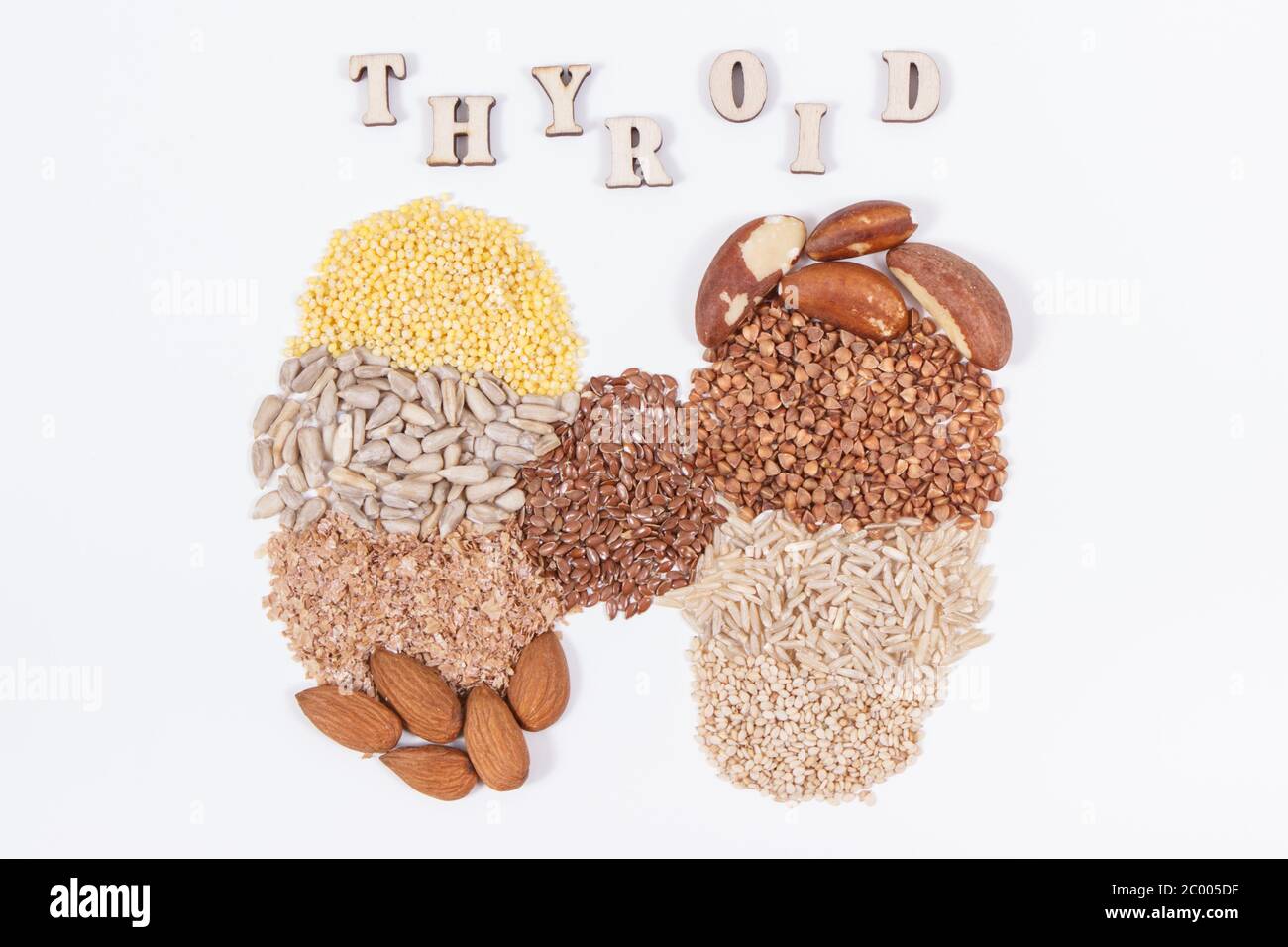 Nutritious natural ingredients in shape of thyroid. Healthy food as ...