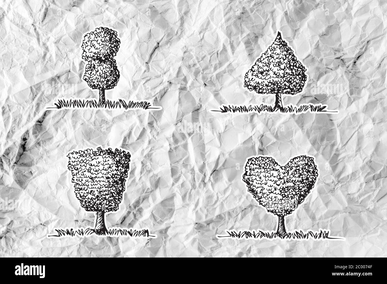 Set of trees with leaves on crumpled paper Stock Photo - Alamy