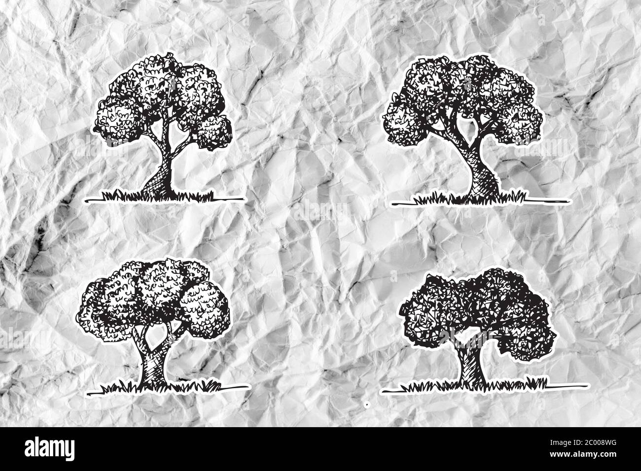 Set of trees with leaves on crumpled paper Stock Photo - Alamy