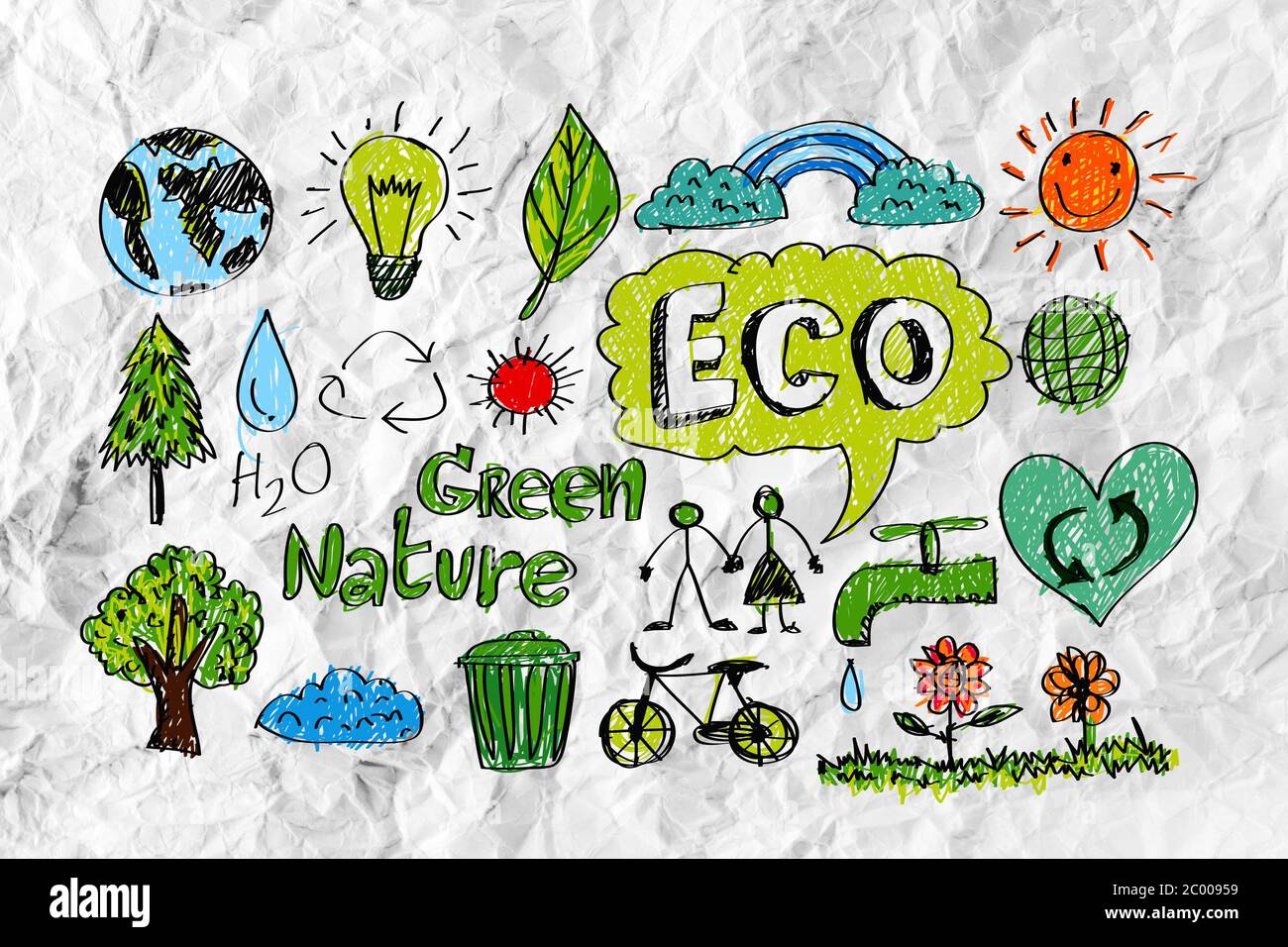 doodles ECO idea on crumpled paper Stock Photo - Alamy doodles ECO idea on crumpled paper Stock Photo - Alamy
