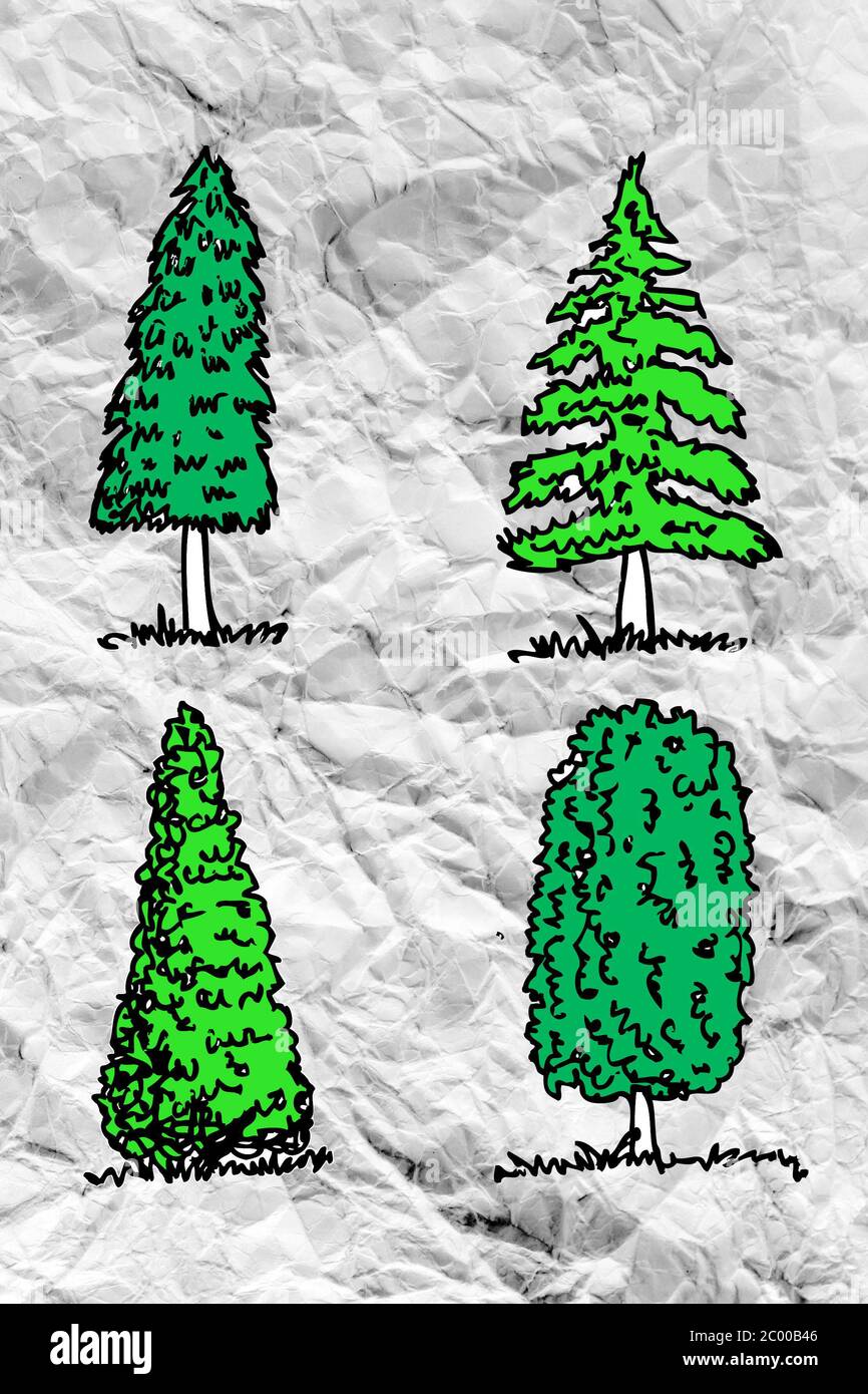Set of trees with leaves on crumpled paper Stock Photo - Alamy