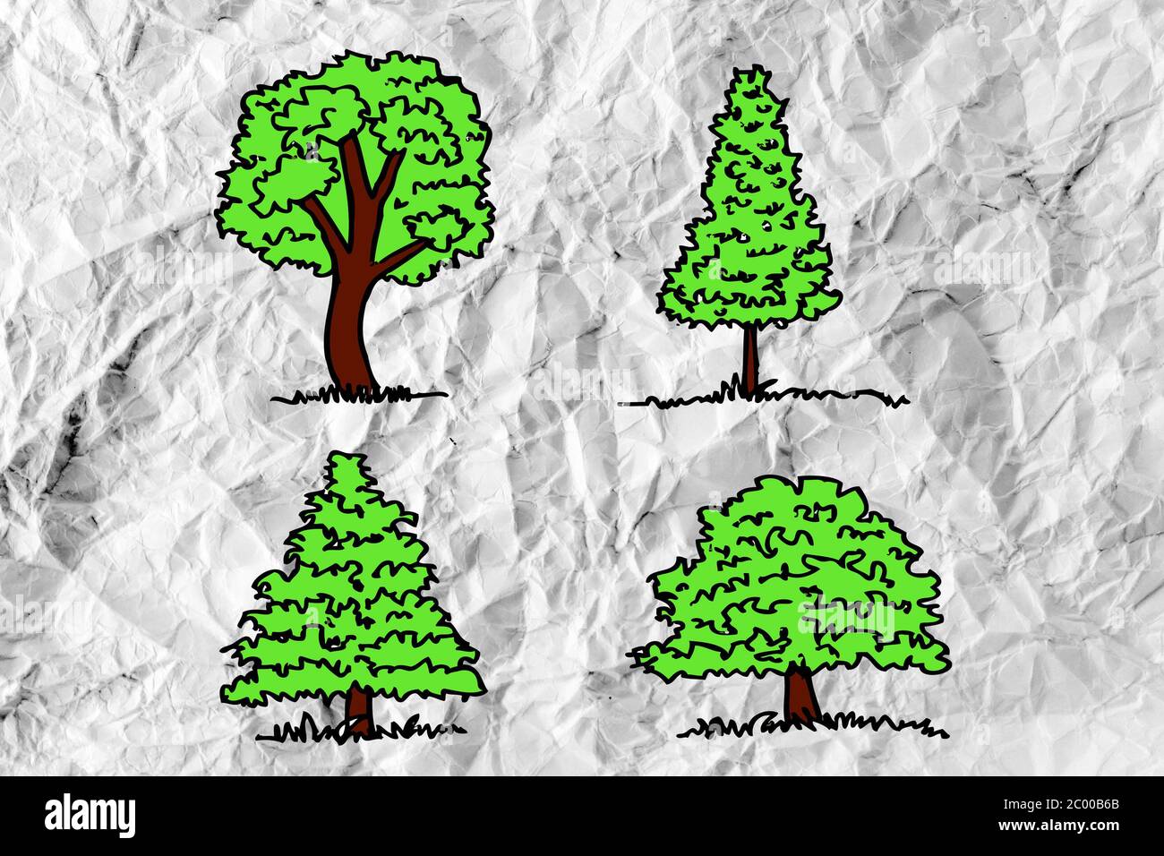 Set of trees with leaves on crumpled paper Stock Photo - Alamy