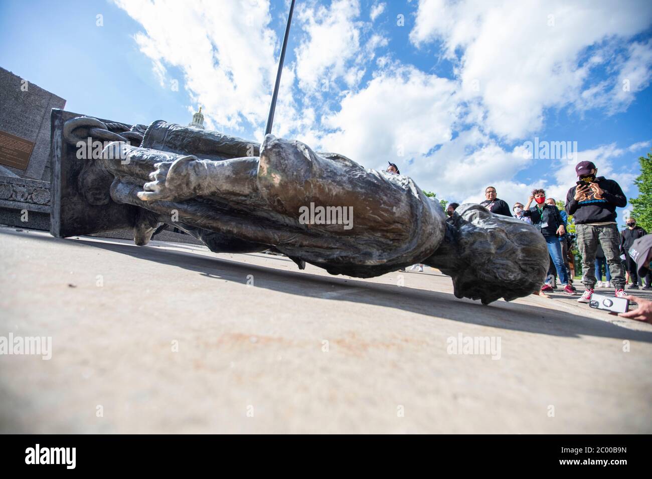 June 10, 2020: The Christopher Columbus statue lays face down on the ...