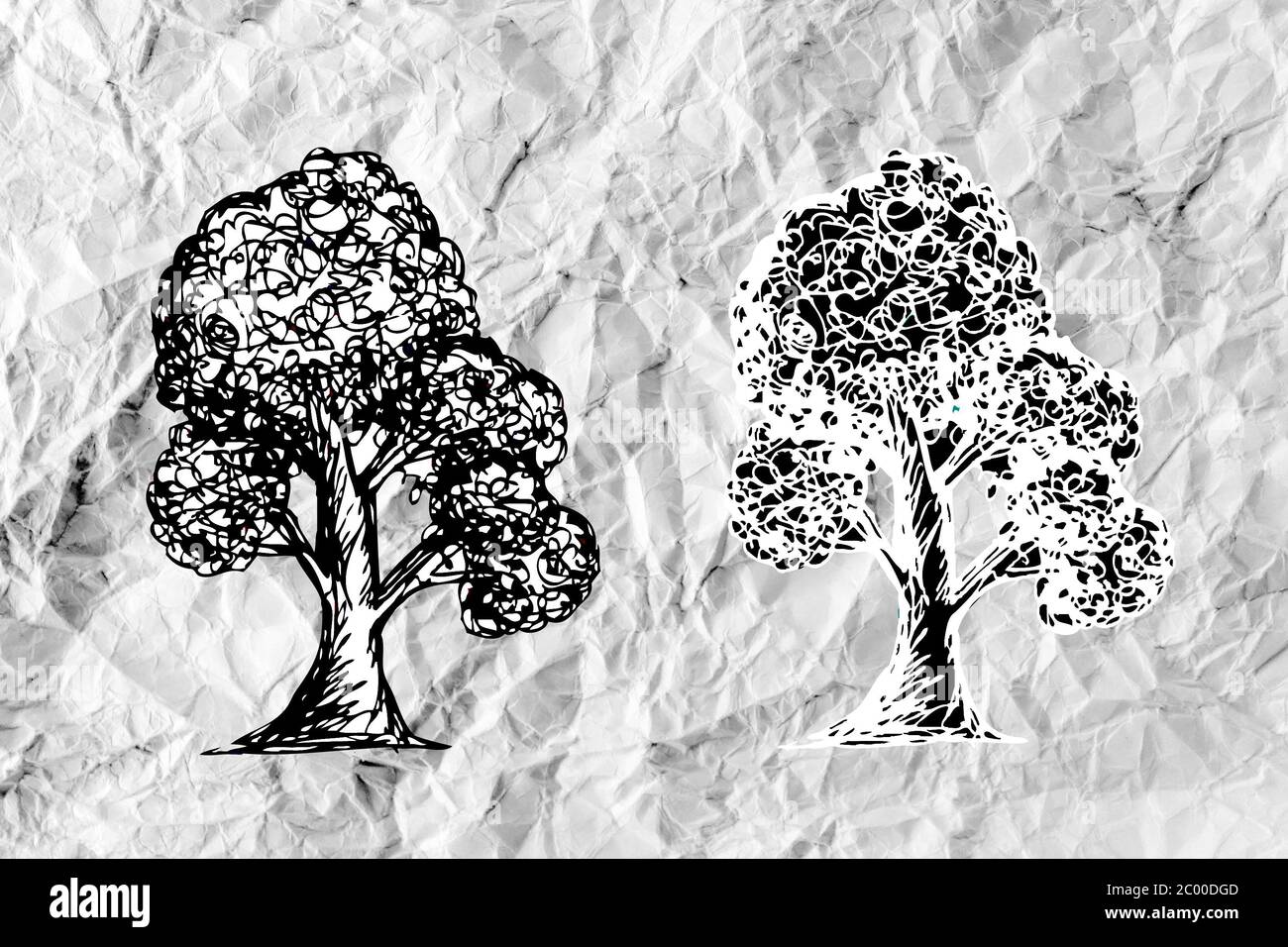 Set of trees with leaves on crumpled paper Stock Photo - Alamy