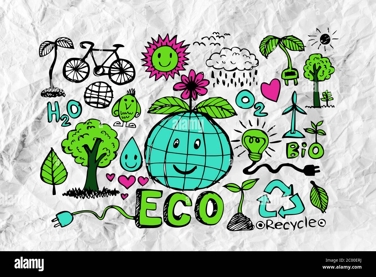 doodles ECO idea on crumpled paper Stock Photo - Alamy