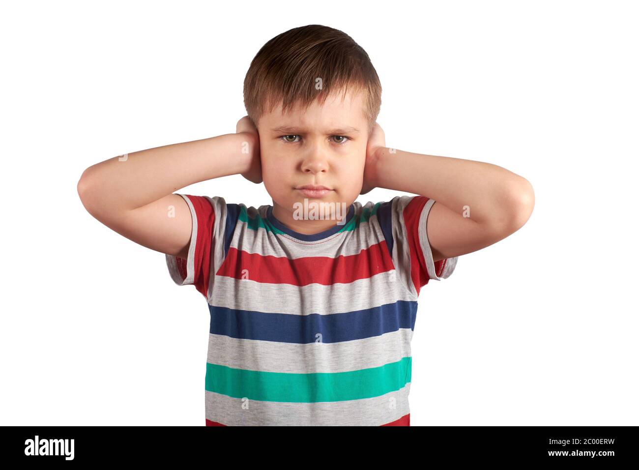 stubborn young kid, covering his closed ears,ignores what they say ...