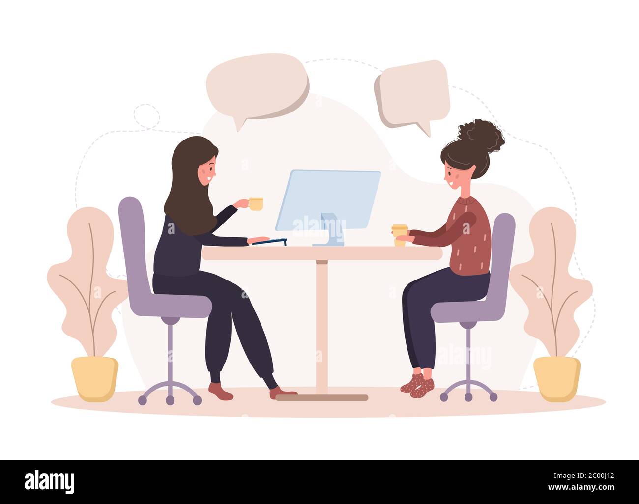 Girl talk to each other. Business women discuss social network, chat ...