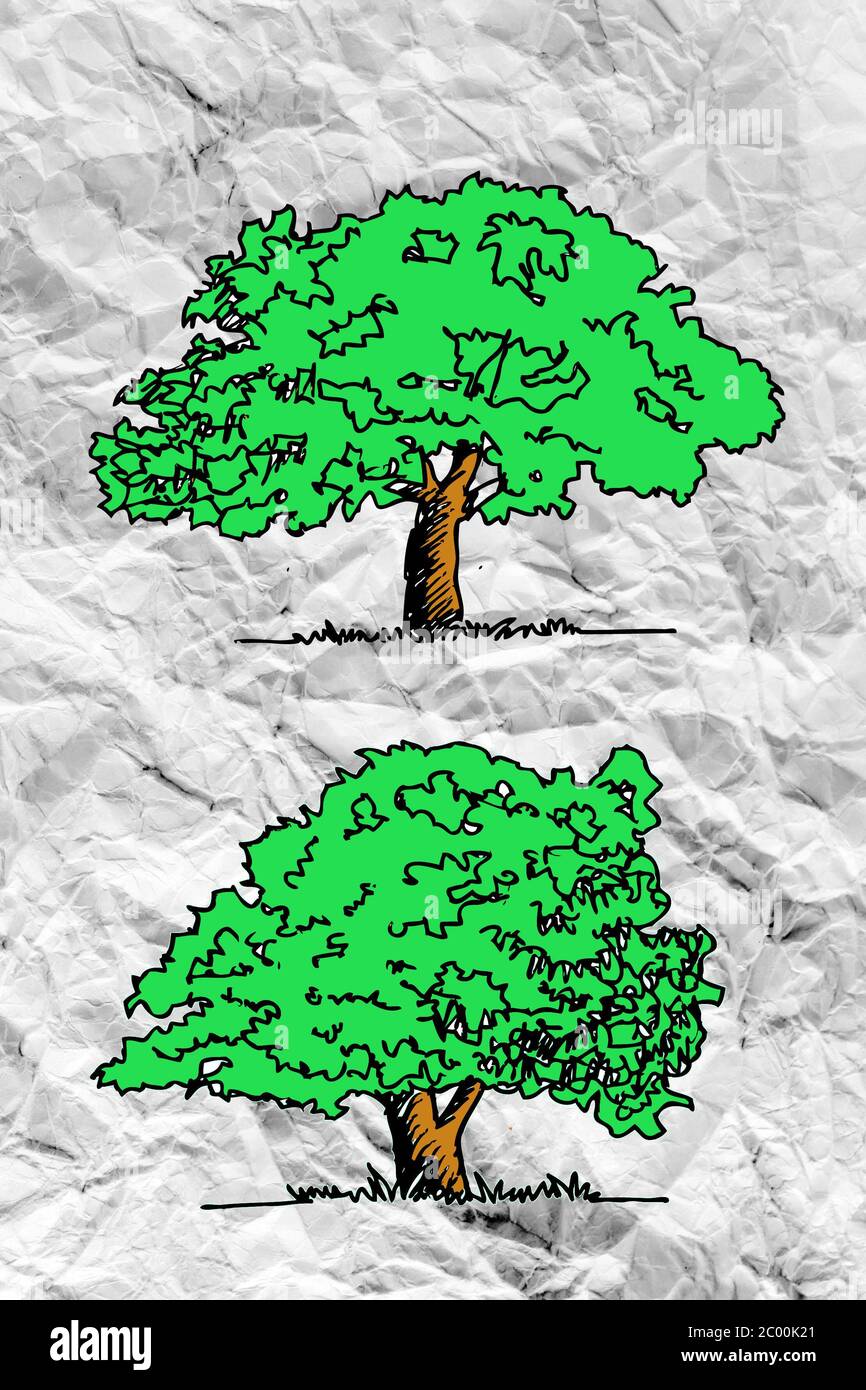 Set of trees with leaves on crumpled paper Stock Photo - Alamy