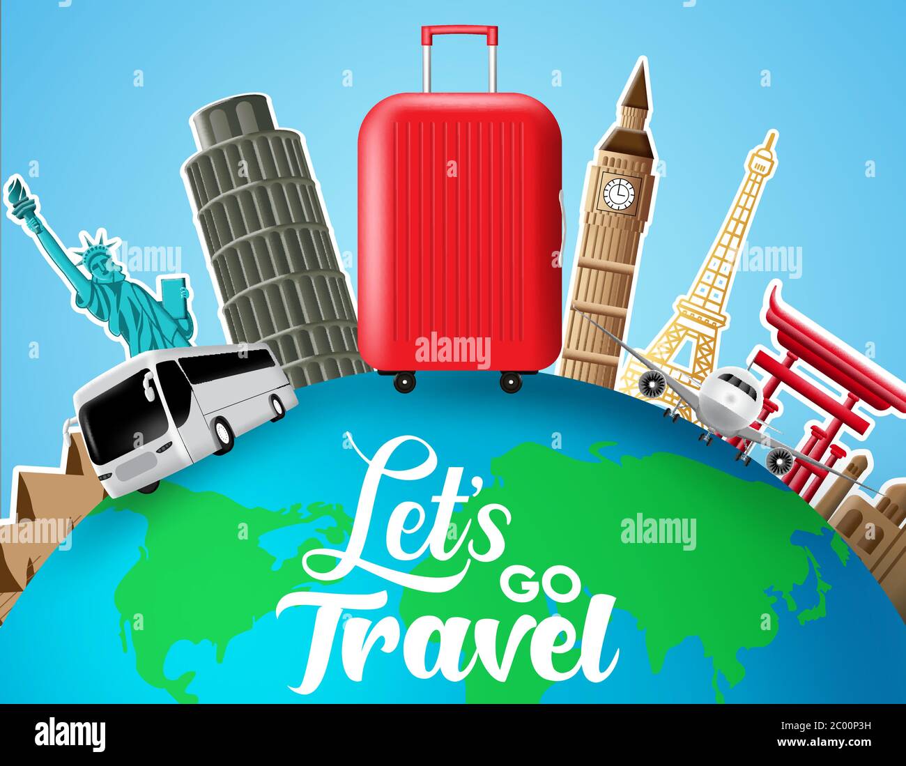 Lets go travel vector concept design. Lets go travel text in globe with ...