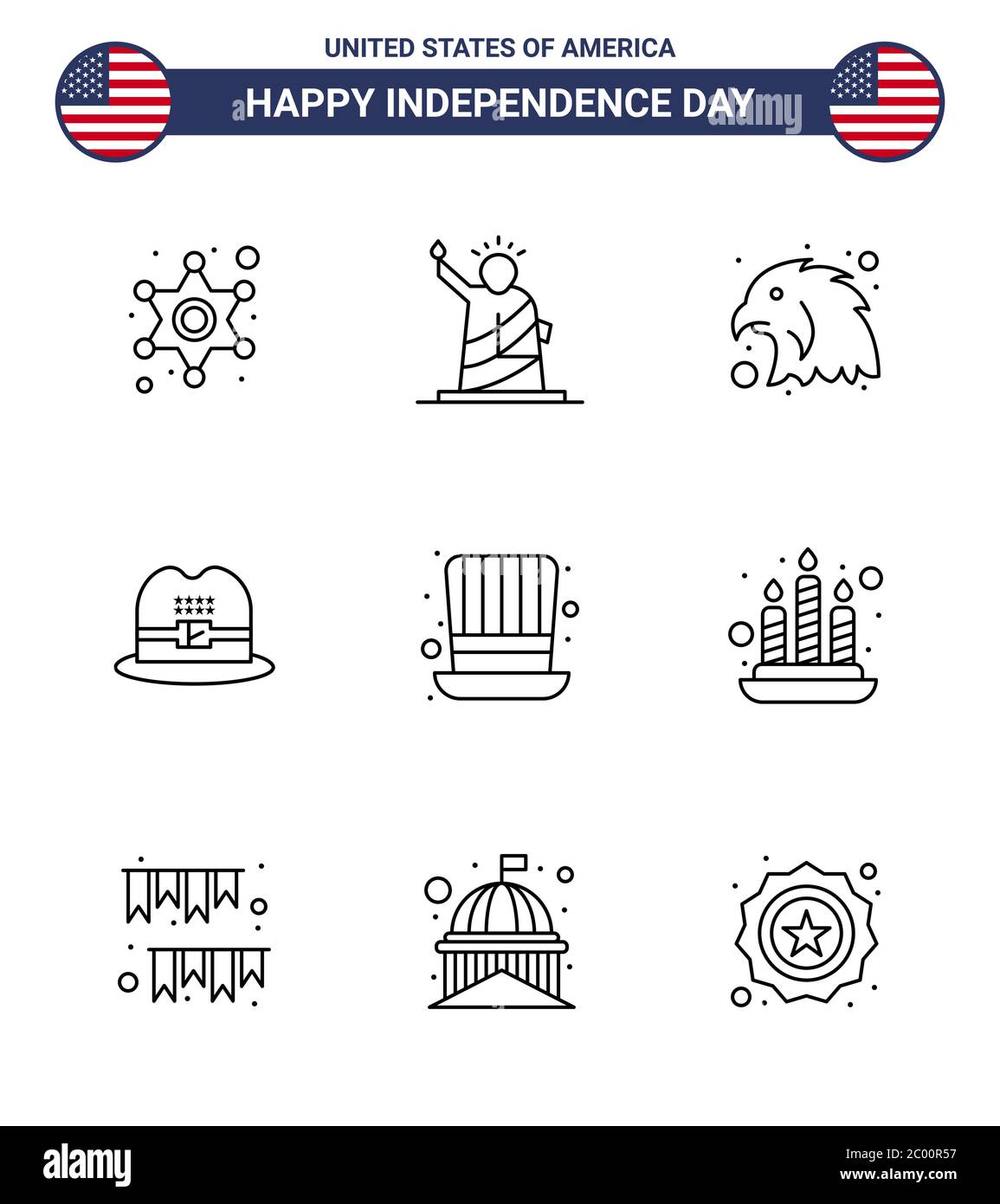 9 USA Line Signs Independence Day Celebration Symbols of presidents ...