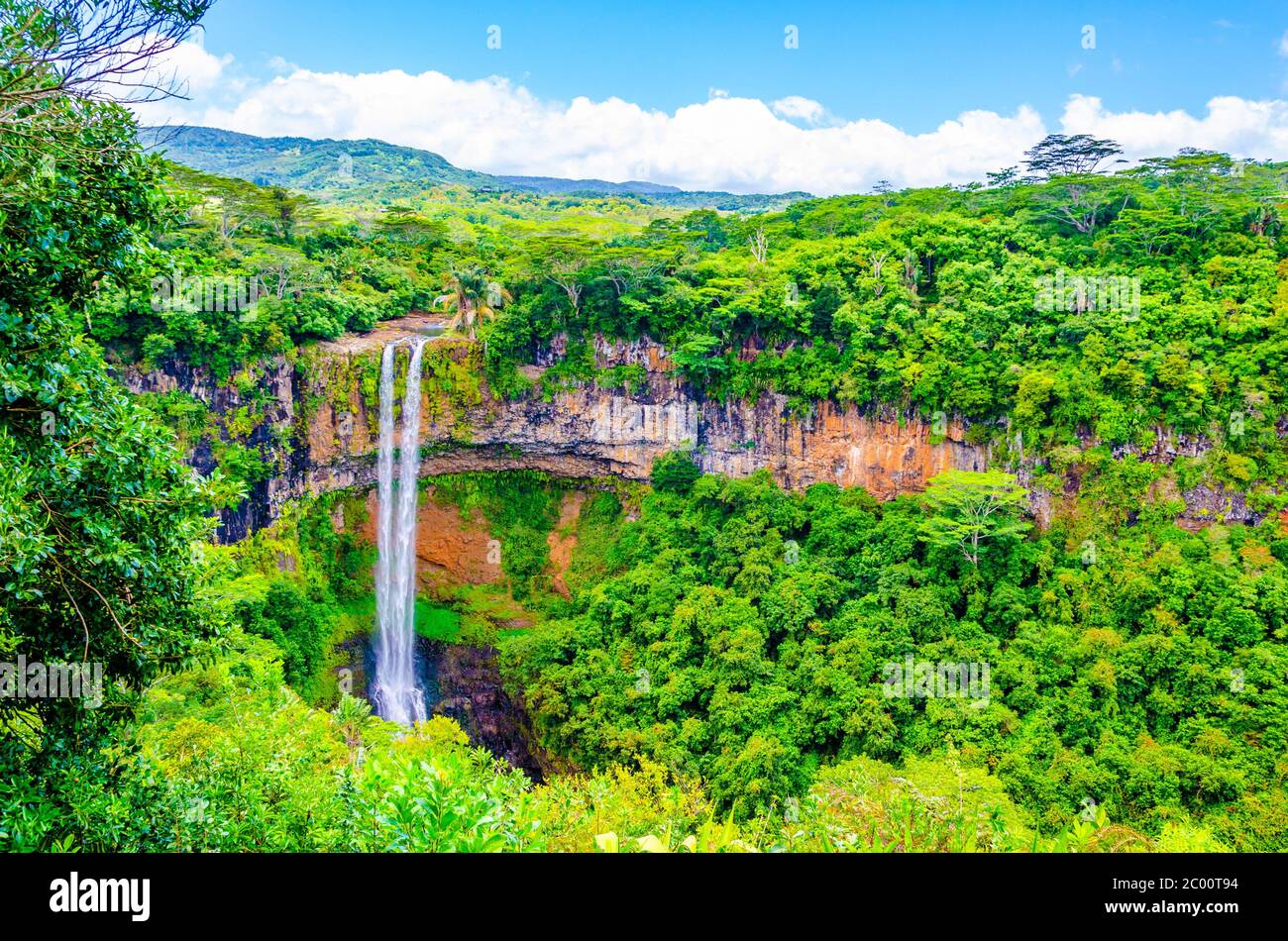 Chamarel Waterfall in lush tropical greenery of Mauritius, Indian Ocean ...