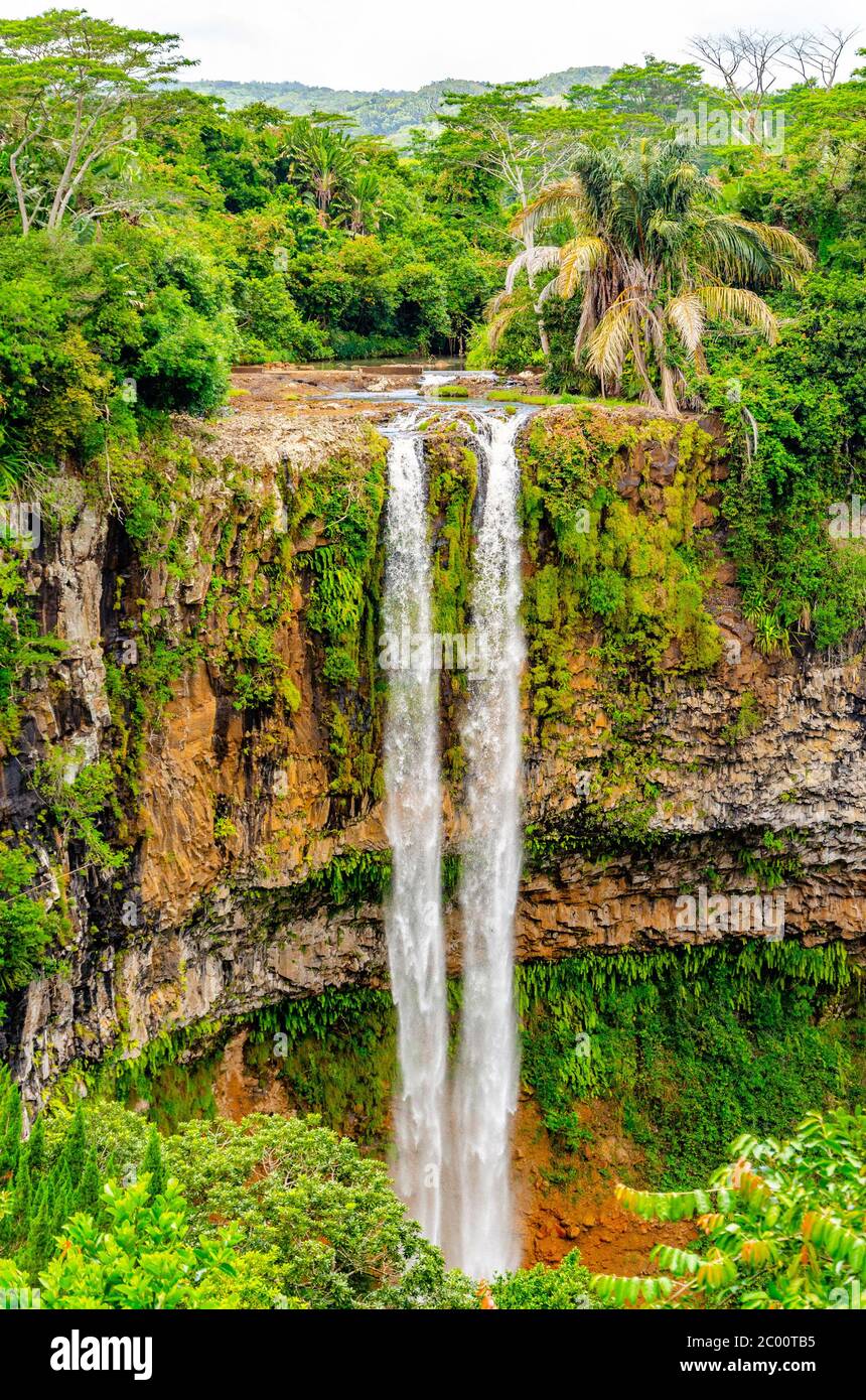Chamarel Waterfall in lush tropical greenery of Mauritius, Indian Ocean ...
