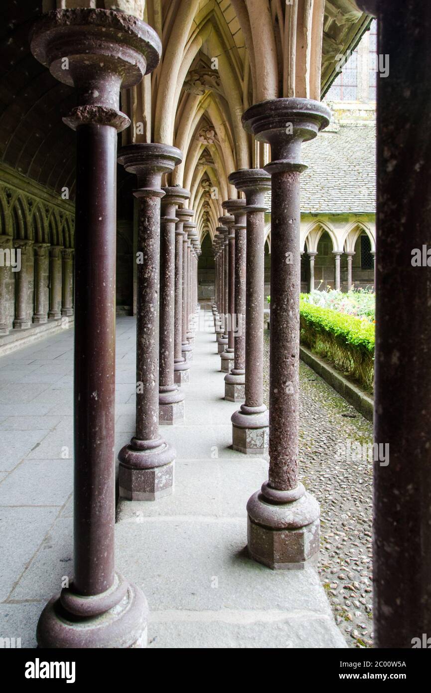 Medieval column cloister in Abbey of Mont-Saint-Michel, Normandy ...