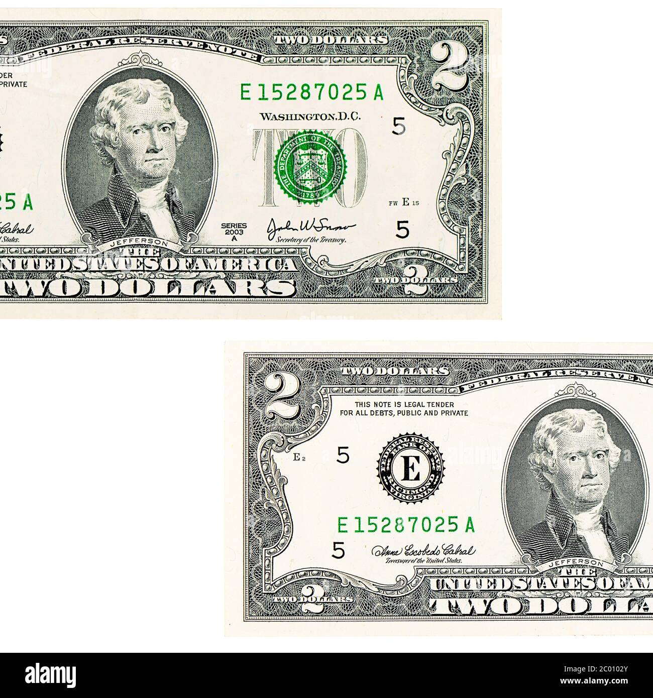 Two dollars isolated on white background Stock Photo - Alamy