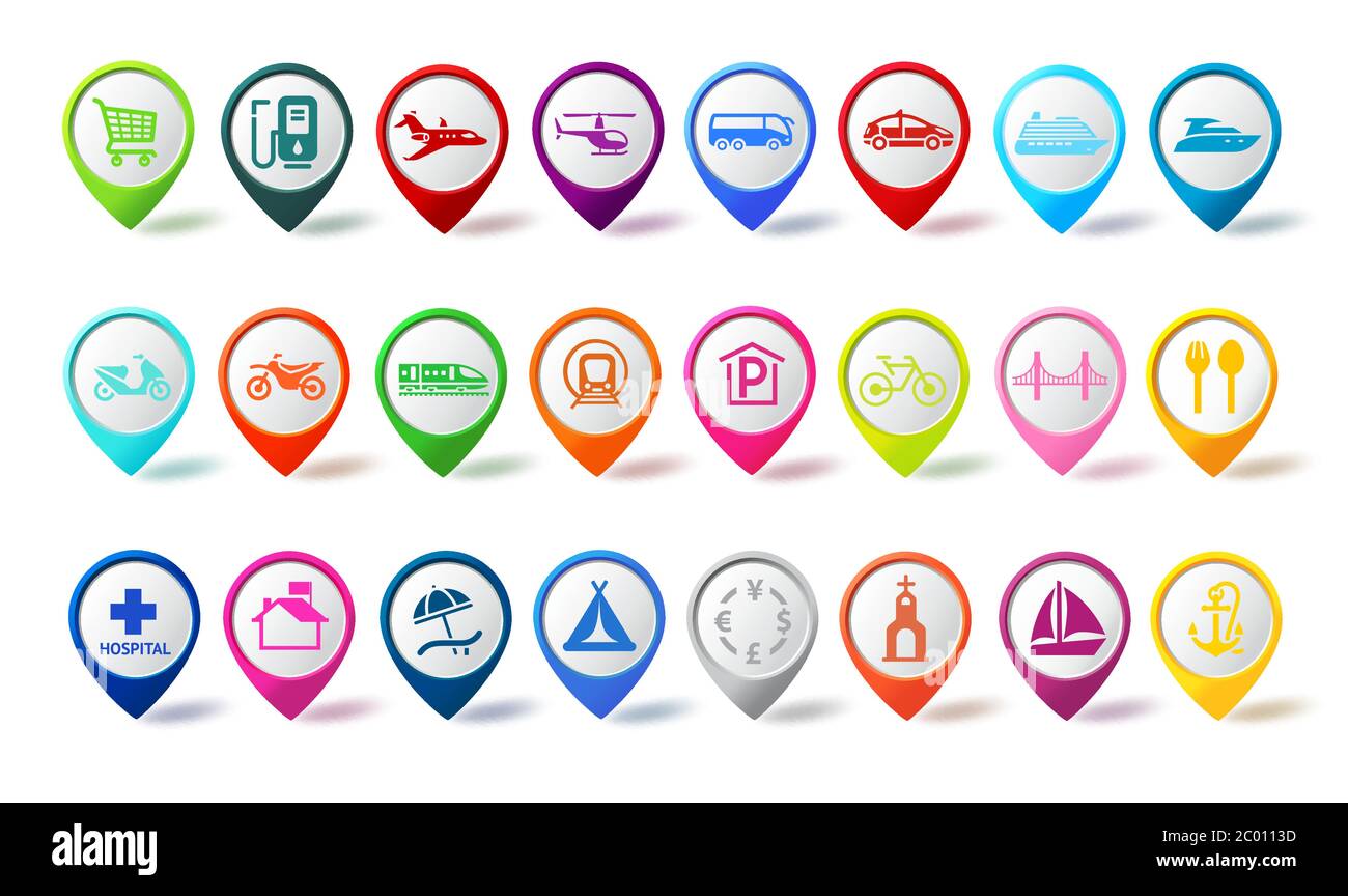 Travel pin icon vector set. Colorful travel map icons navigation pins ...