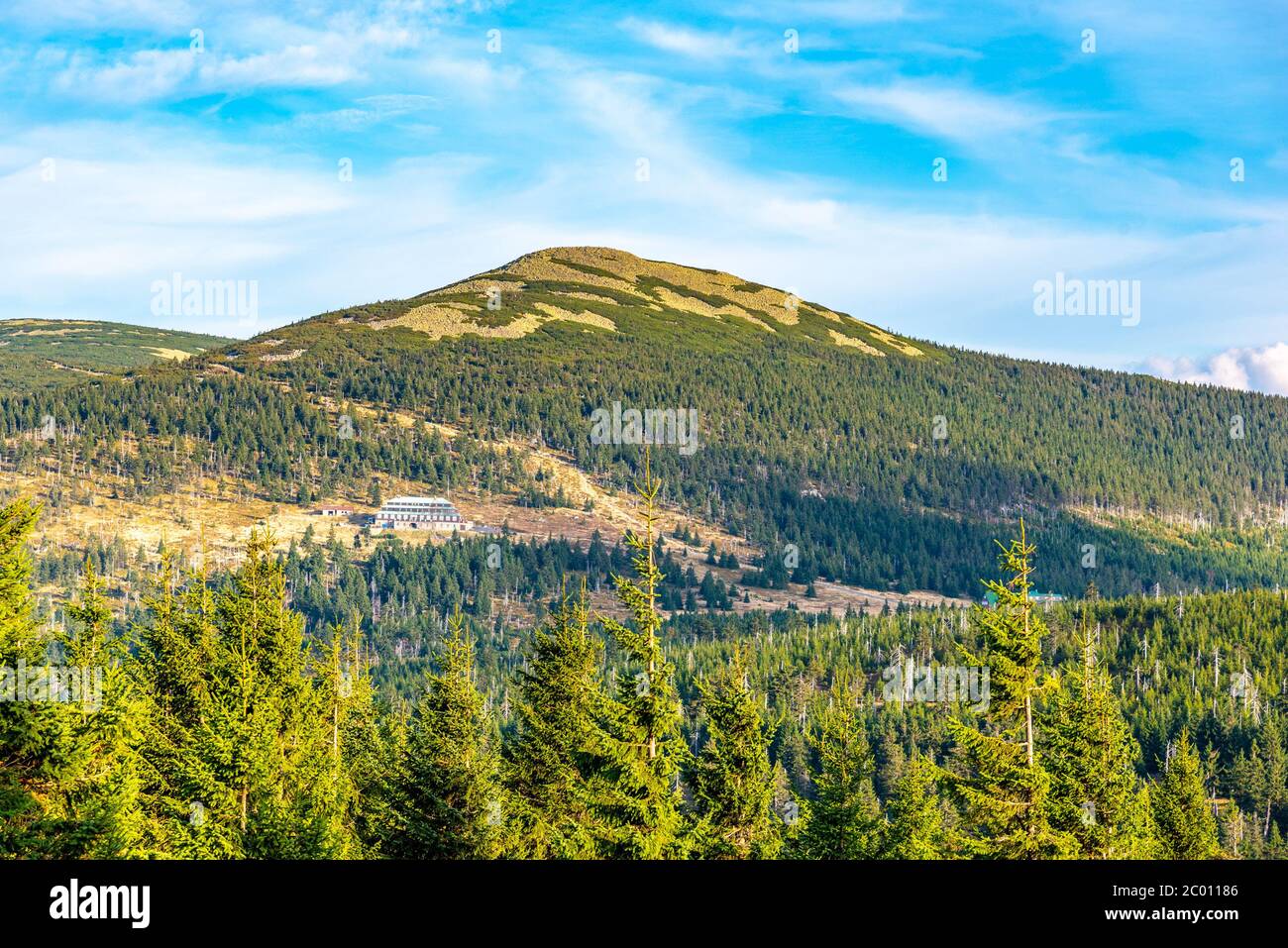 Green forest landscape with Maly Sisak Mountain and mountain huts ...