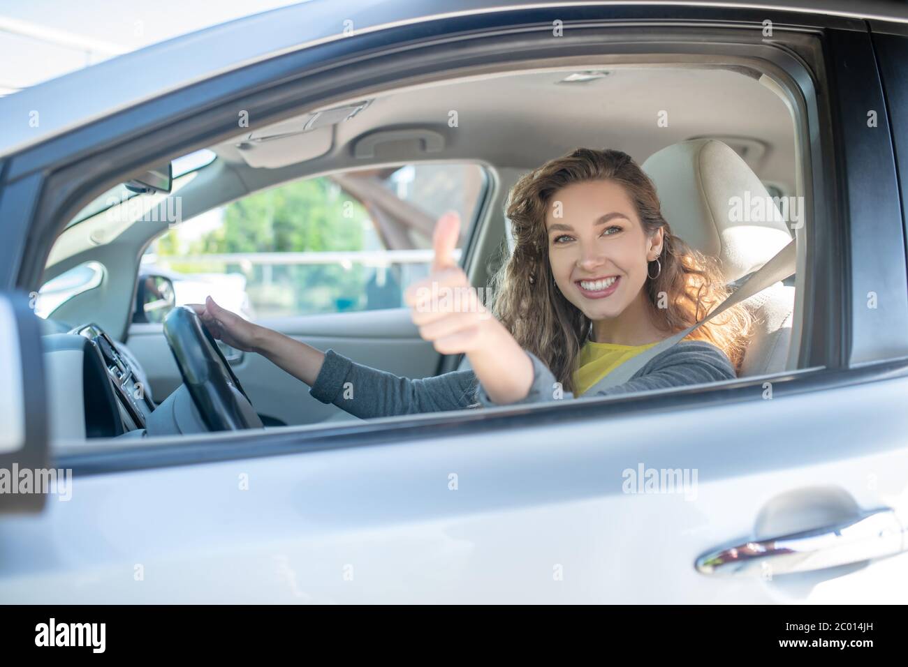 Satisfied smiling woman driving car showing ok Stock Photo - Alamy