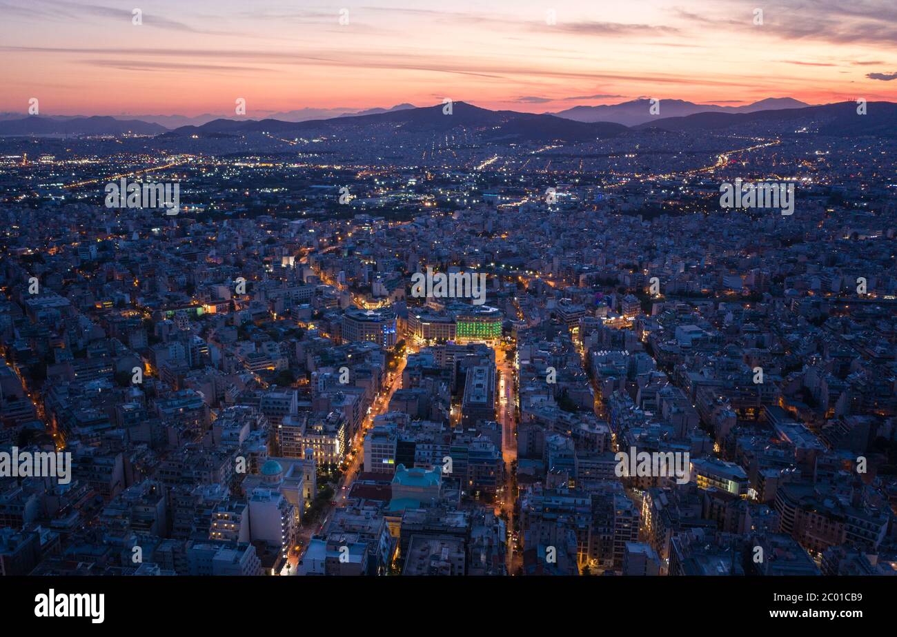 Panoramic View over Athens by Sunrise with old city downtown and ...