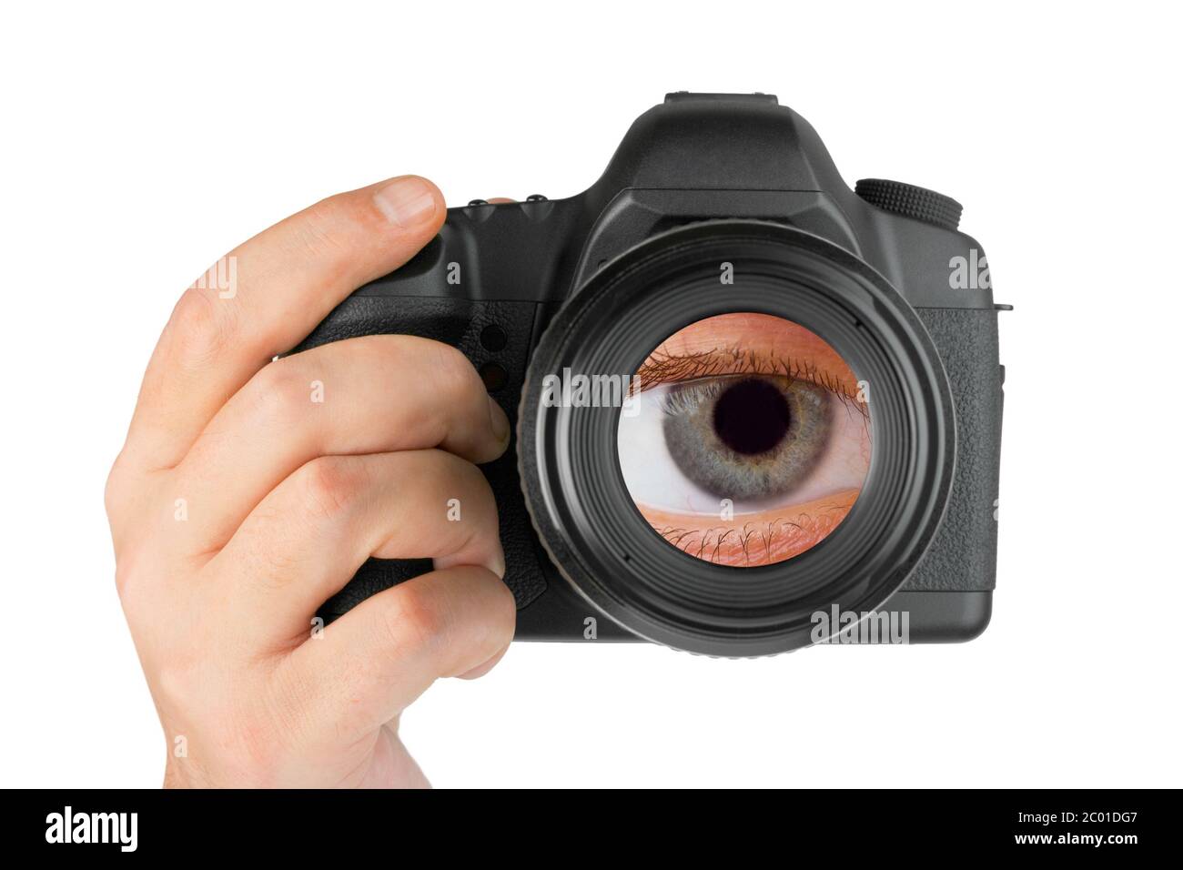 Photo camera in hand and eye in lens Stock Photo - Alamy