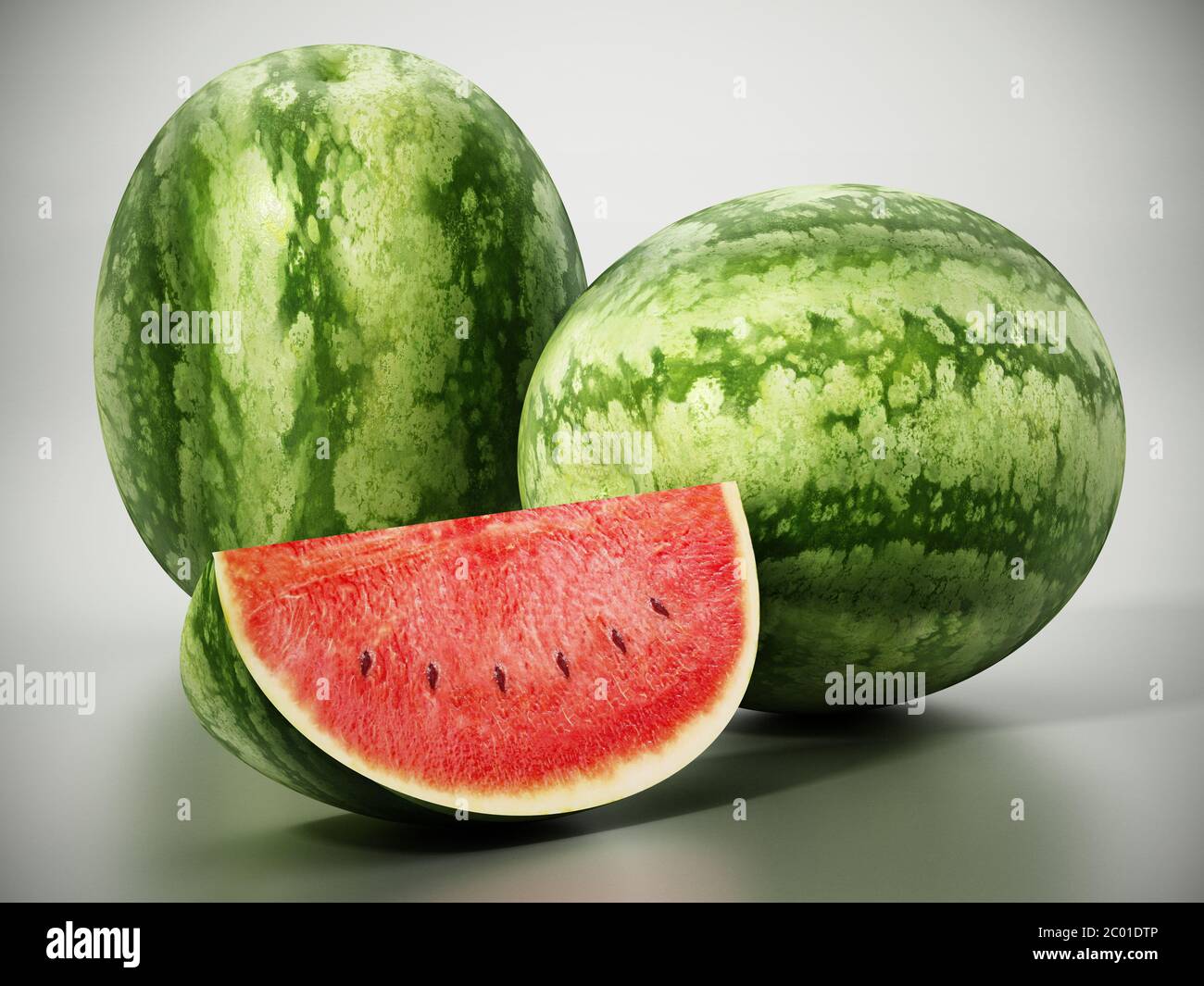 Fresh watermelons and one watermelon slice. 3D illustration Stock Photo ...