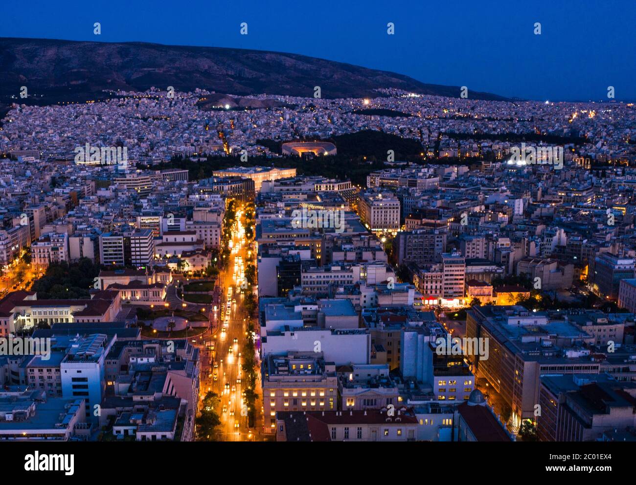 Panoramic View over Athens by Sunrise with old city downtown and long ...