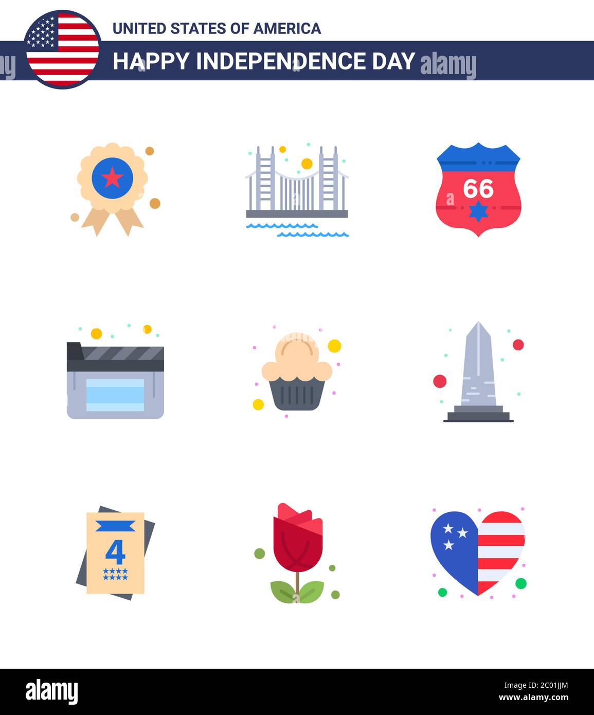 9 USA Flat Signs Independence Day Celebration Symbols of cake; movies ...