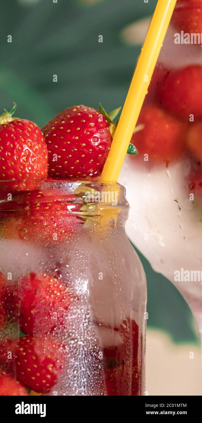 Strawberry Cold Drink with Ice in Glass on White Background with ...