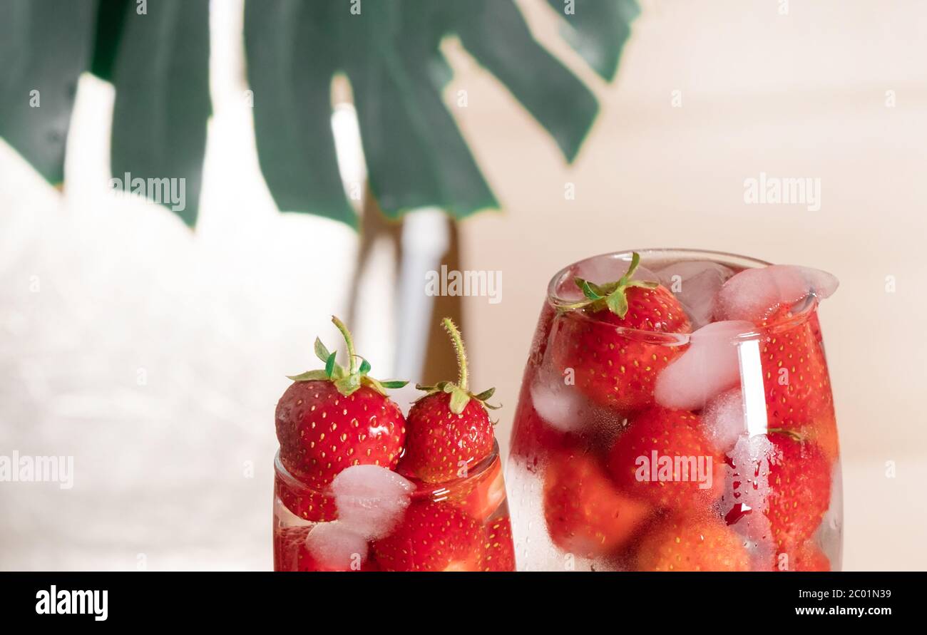 Strawberry Cold Drink with Ice in Glass on White Background with ...