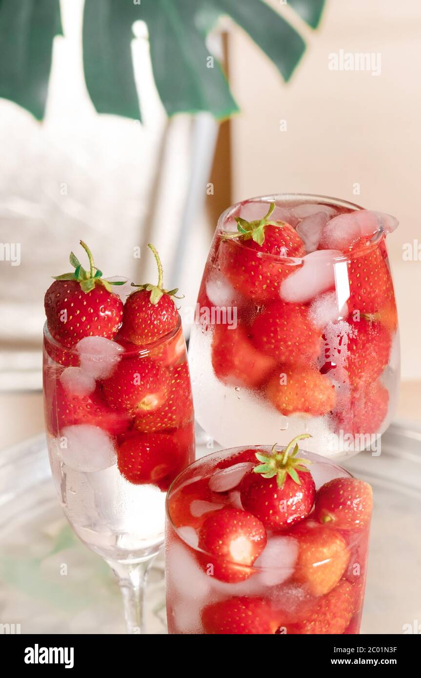 Strawberry Cold Drink with Ice in Glass on White Background with ...