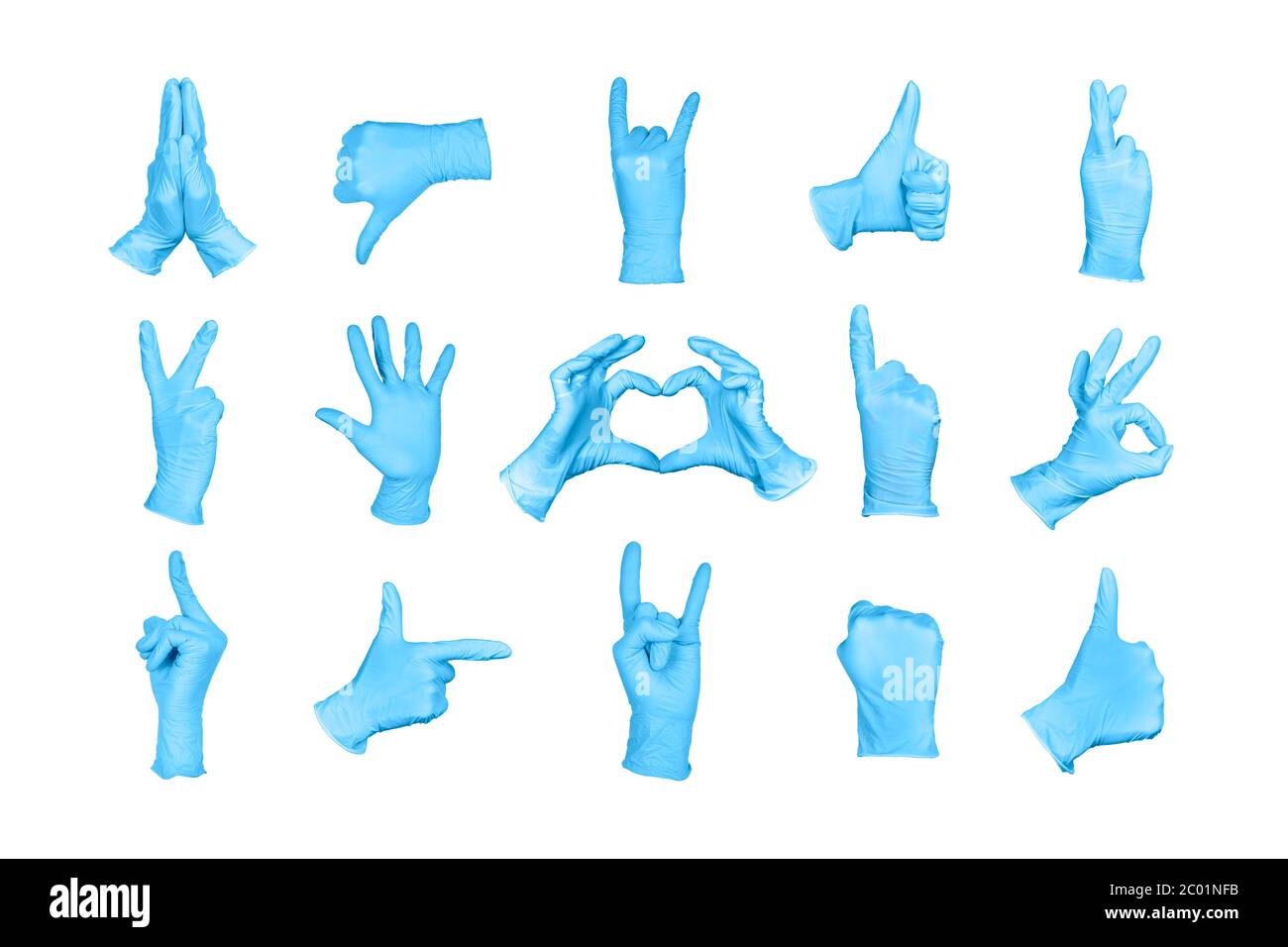 Big Set of hand or signs gestures in blue disposable latex surgical ...