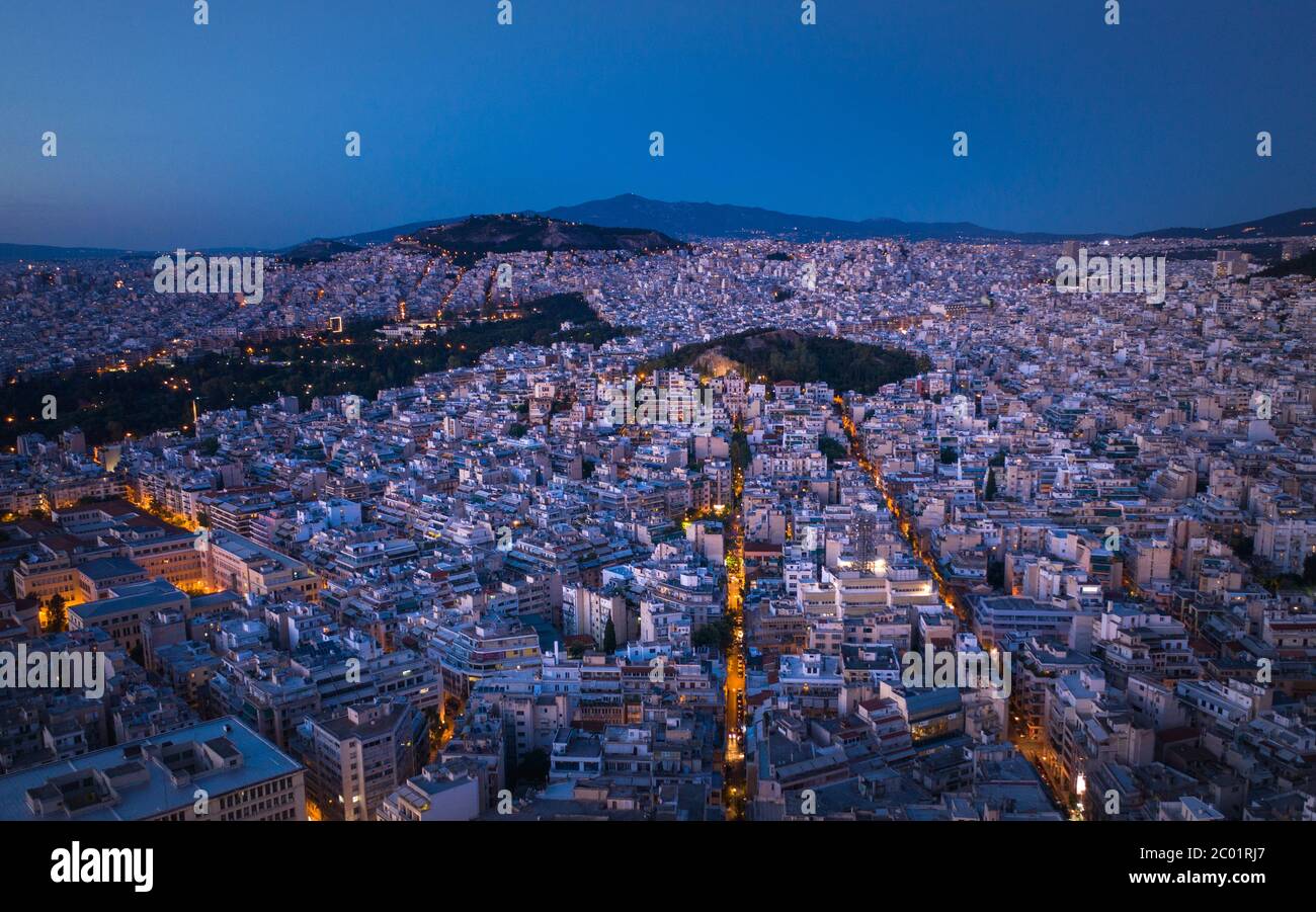 Panoramic View over Athens by Sunrise with old city downtown and long ...