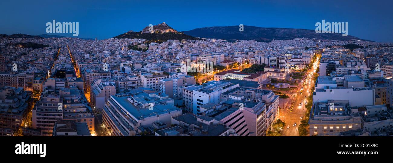 Panoramic View over Athens by Sunrise with old city downtown and ...