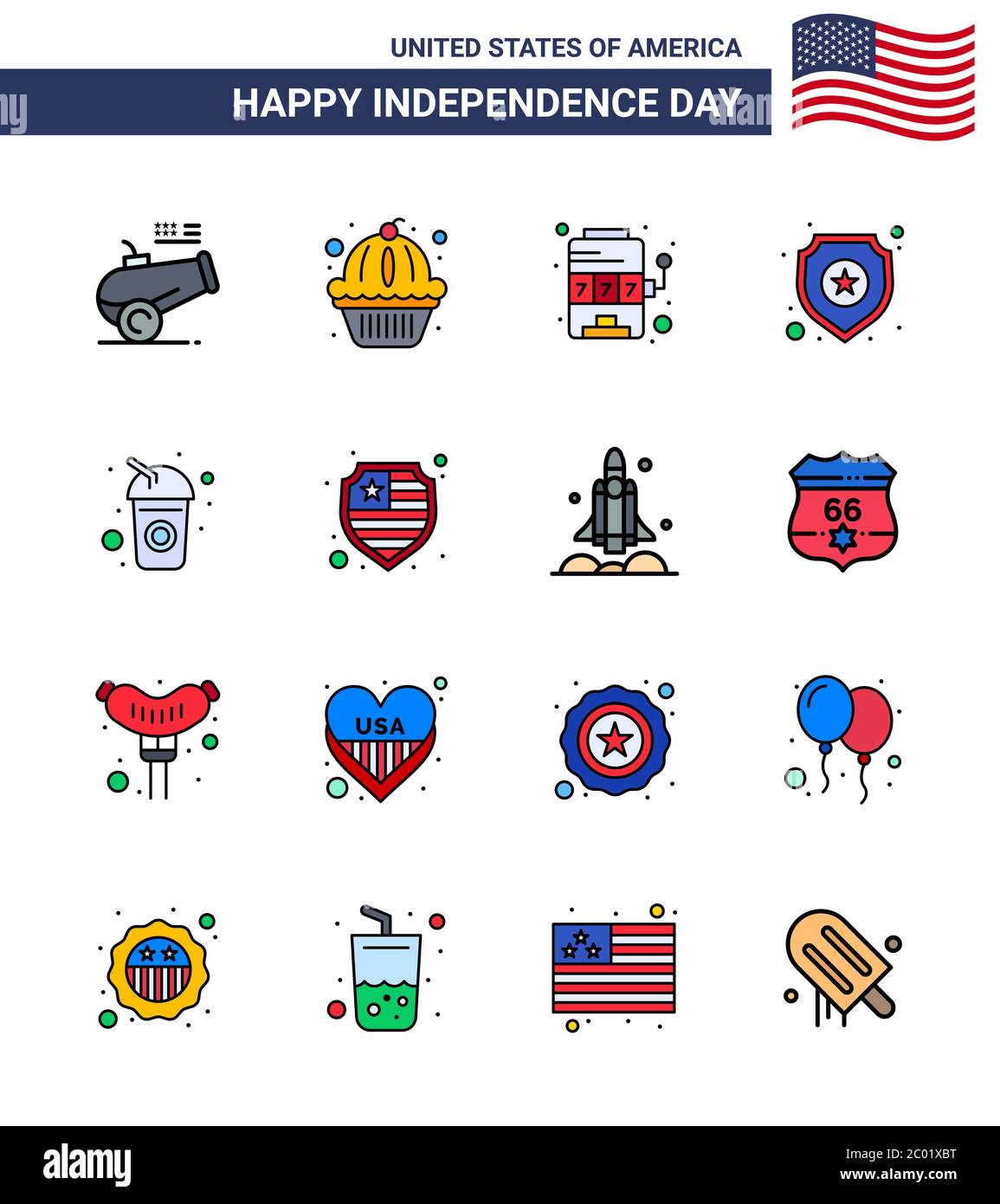 16 USA Flat Filled Line Signs Independence Day Celebration Symbols of ...