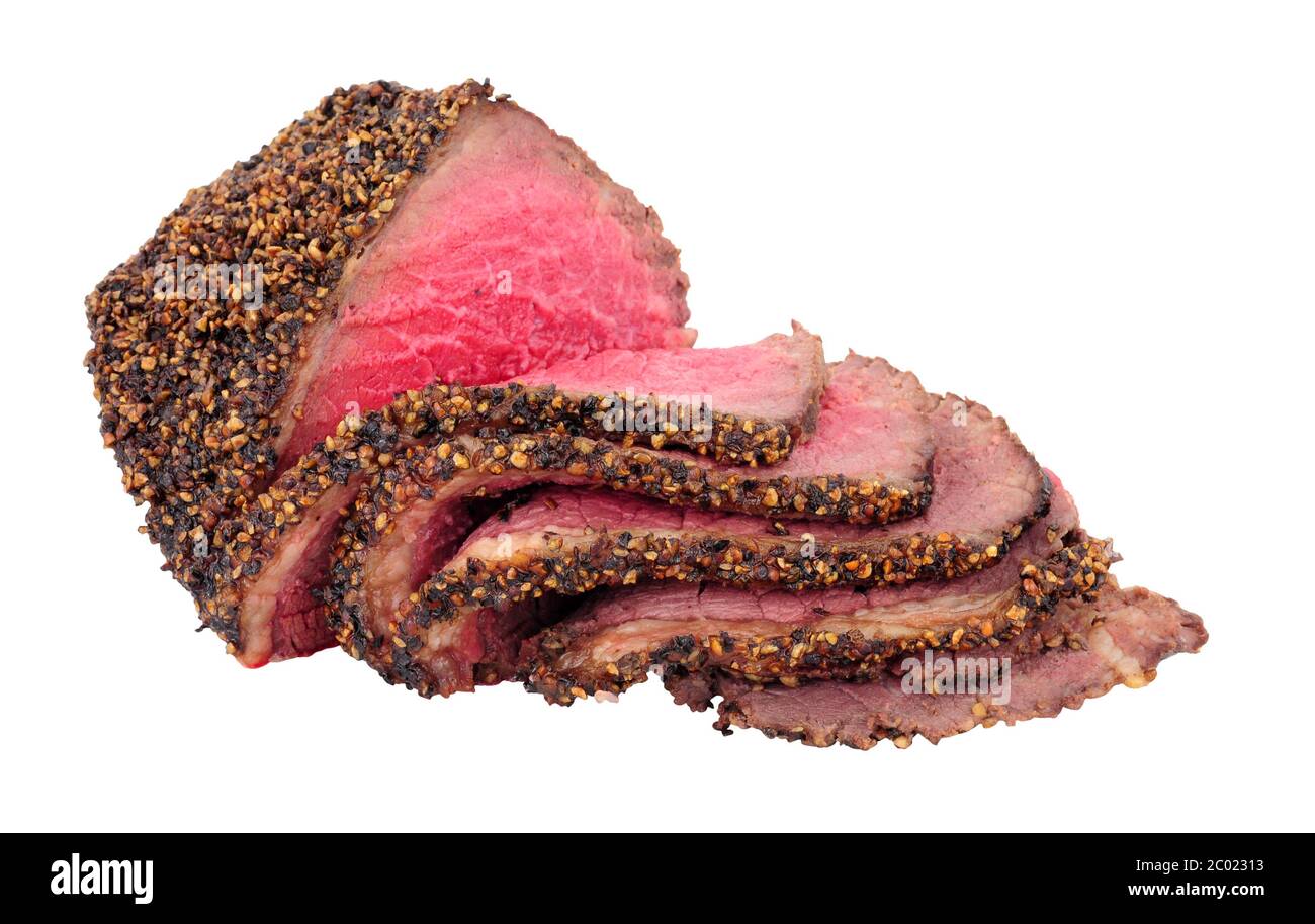 Rare cooked roasted pepper and salt covered beef rump joint also known ...