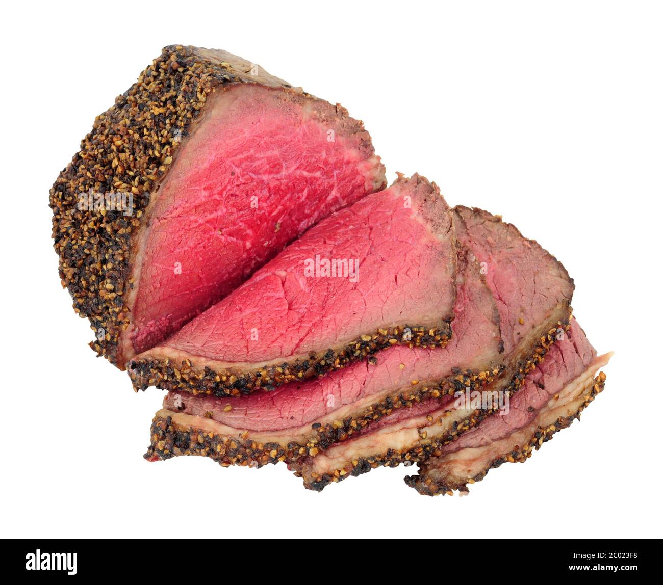 Rare cooked roasted pepper and salt covered beef rump joint also known ...