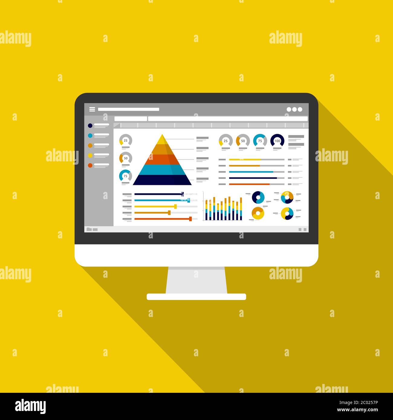 Web statistics analytic charts on Computer screen icon. Flat vector ...