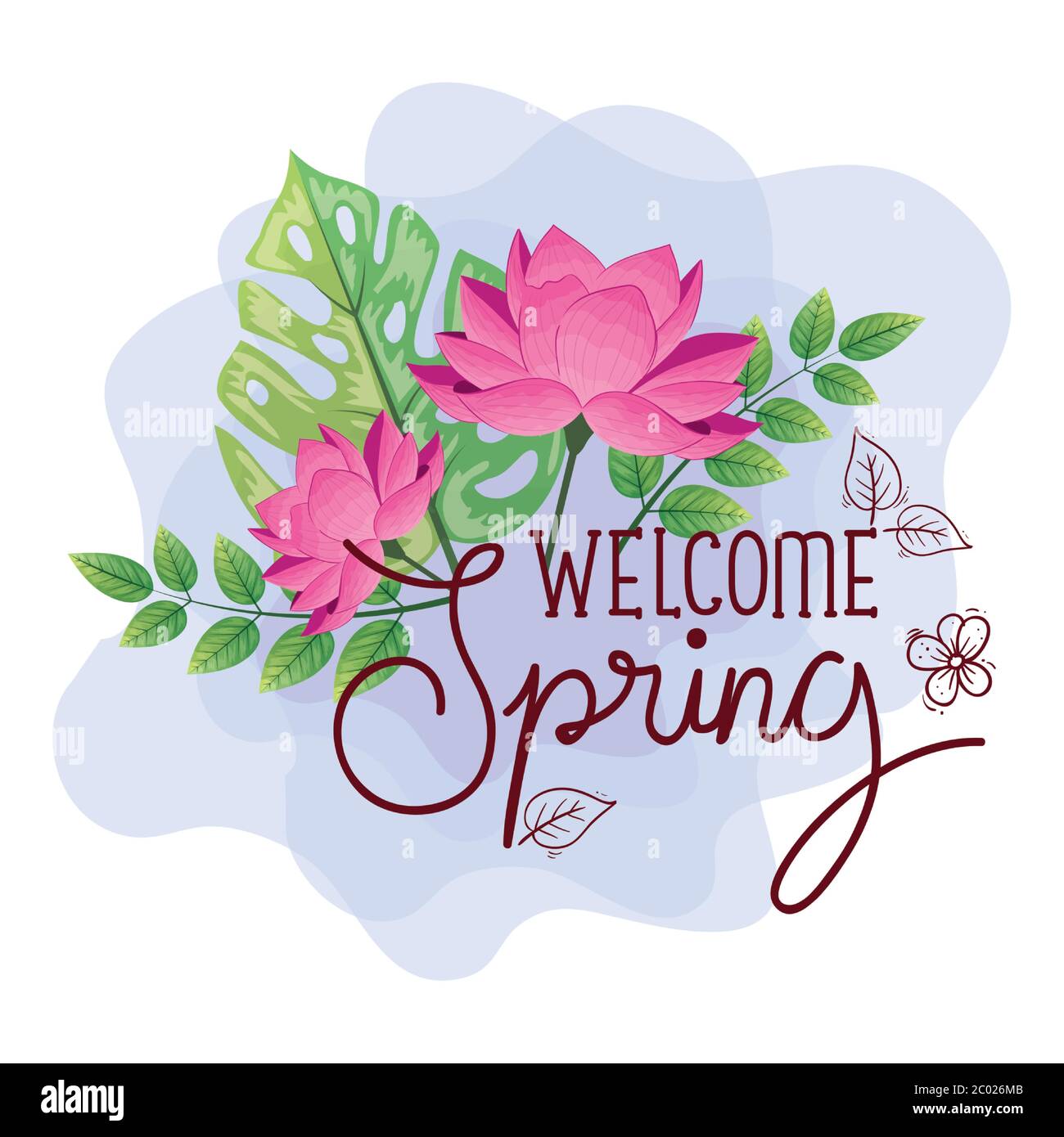 welcome spring, lettering spring season with flowers pink color and ...