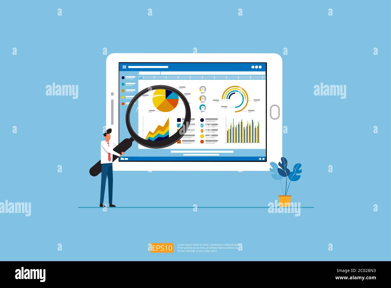 businessman analysis web statistics charts on Computer screen. Flat vector infographic analytic ...