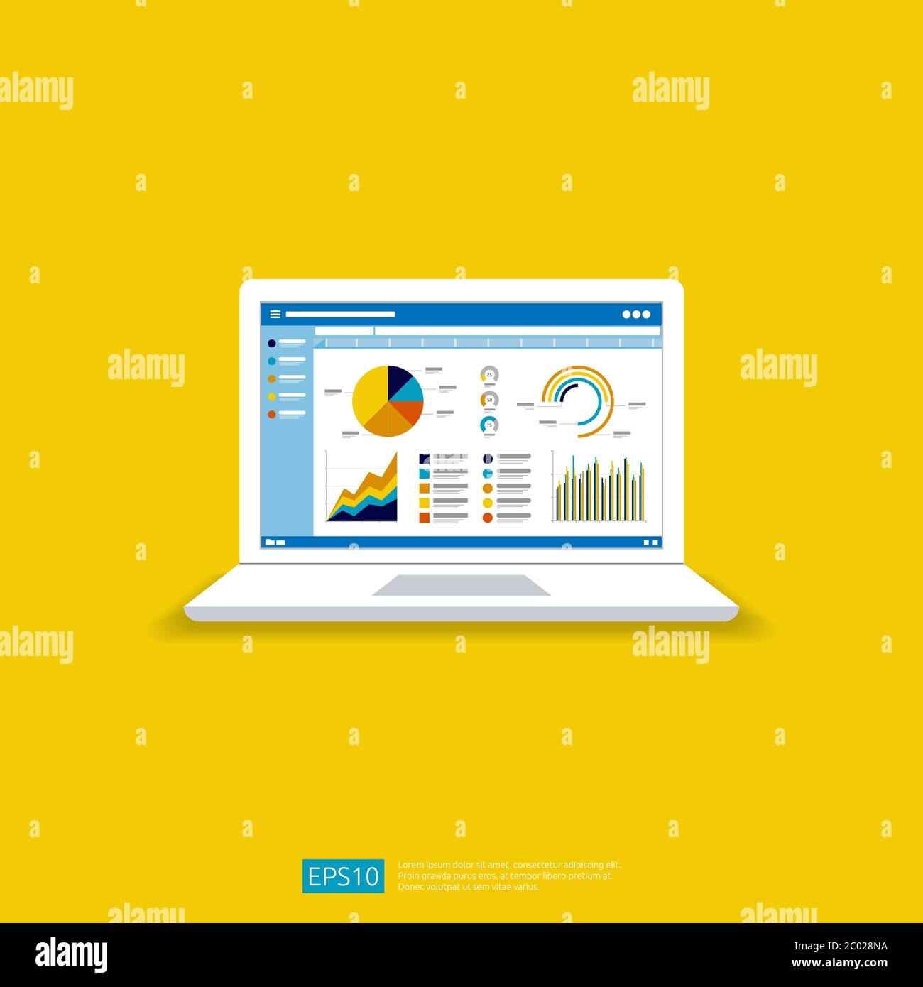 Web statistics analytic charts on laptop screen icon. Flat vector ...