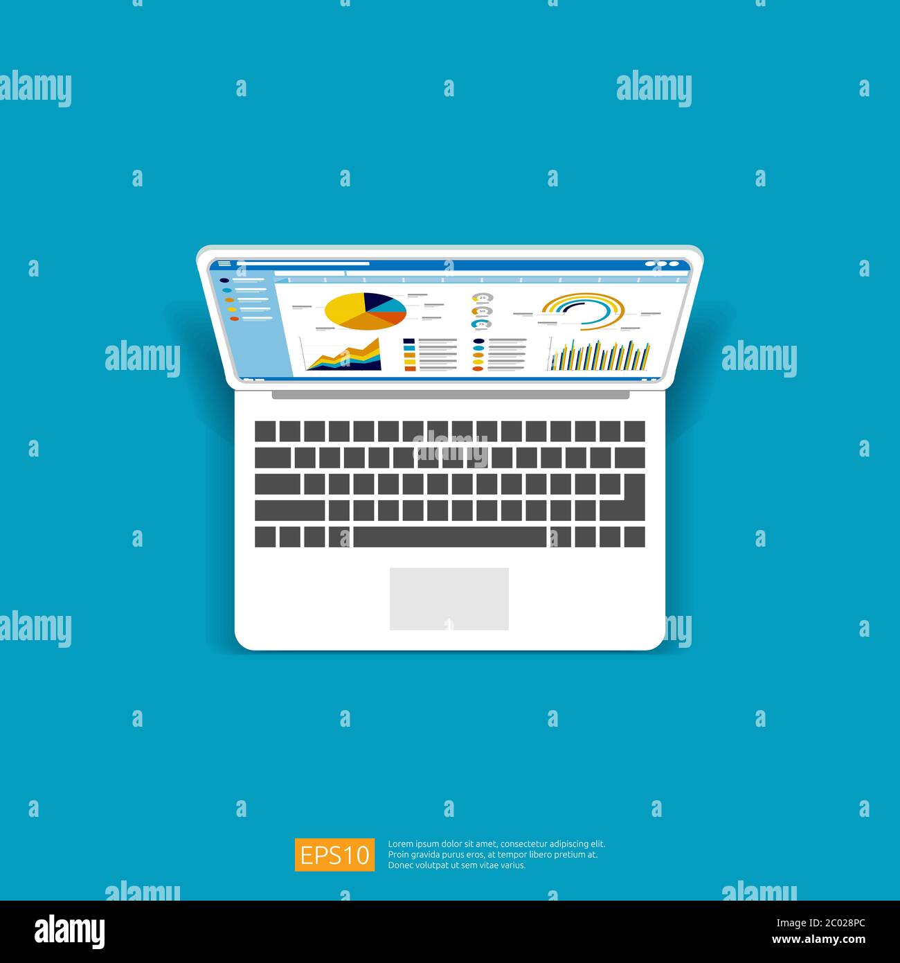 Web statistics analytic charts on laptop screen icon. Flat vector ...