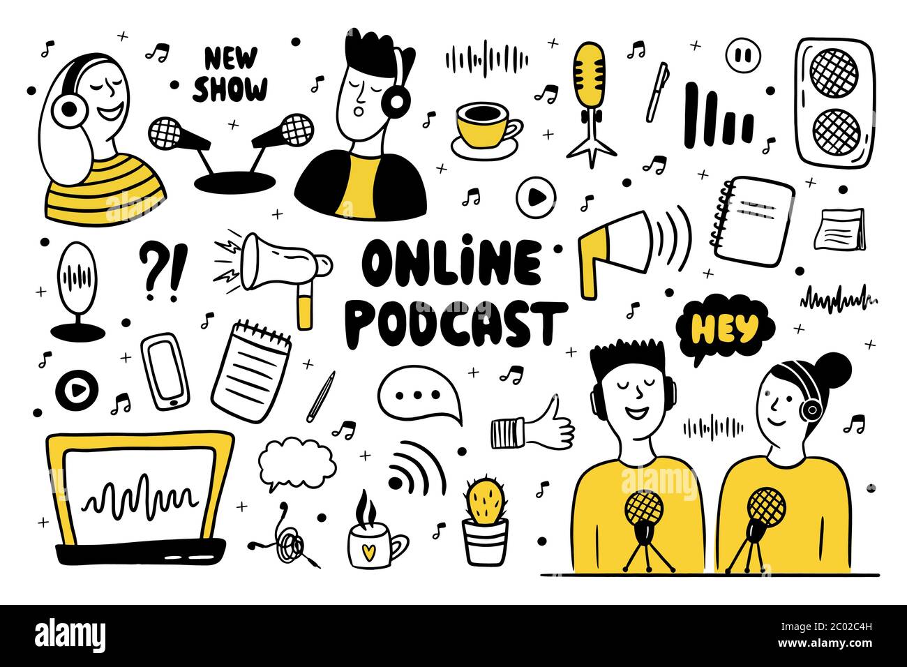 Podcast show doodle set. Men and women making podcast. Hand drawn ...
