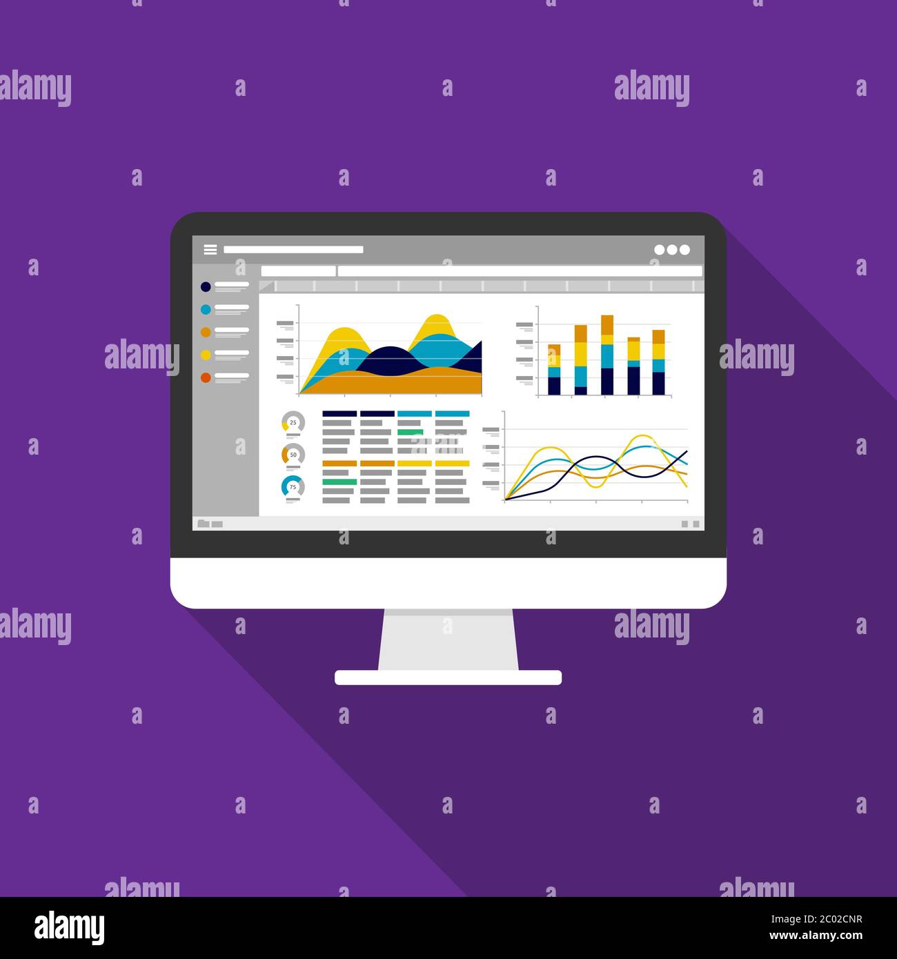 Web statistics analytic charts on Computer screen icon. Flat vector ...