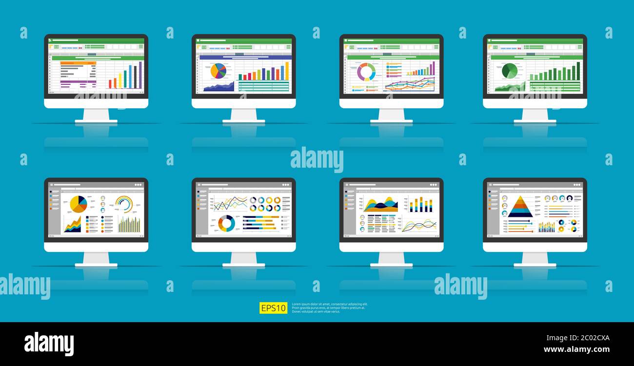Web statistics analytic charts on Computer screen icon set. Flat vector ...